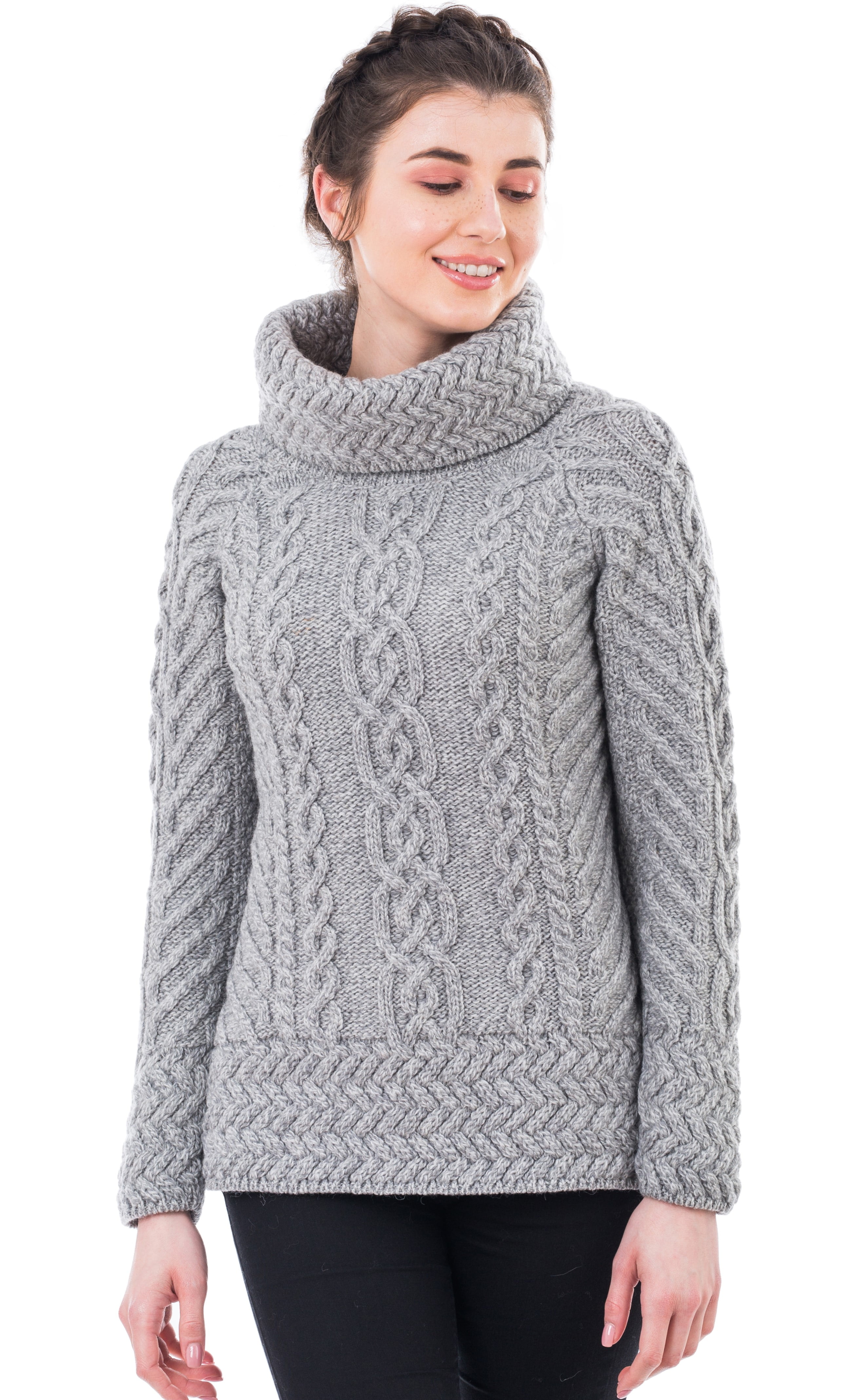 SAOL 100% Merino Wool Women's Aran Oversized Cable Knit Fisherman ...