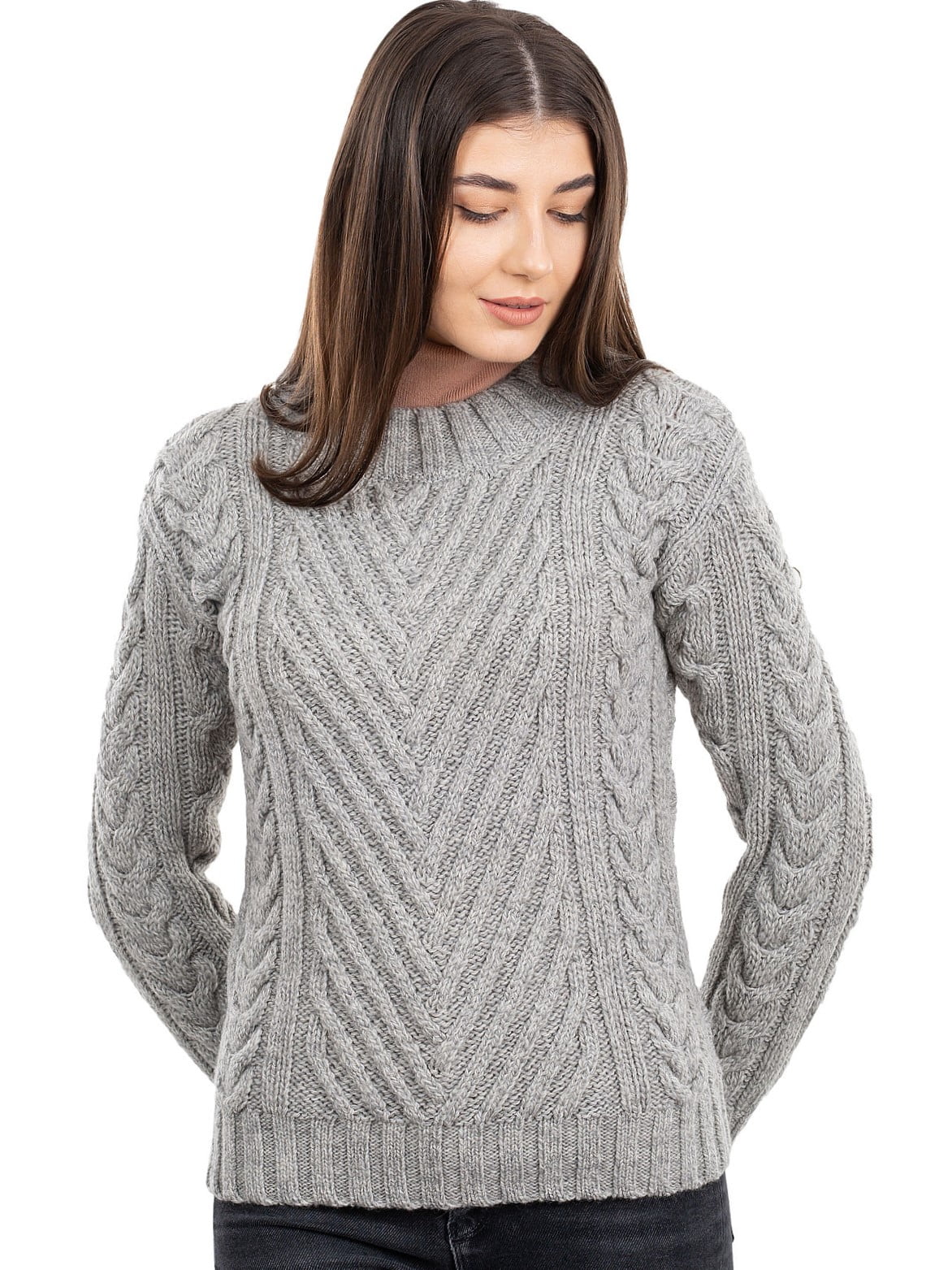SAOL 100% Merino Wool Women's Aran Sweater Irish Fisherman Cable Knit ...