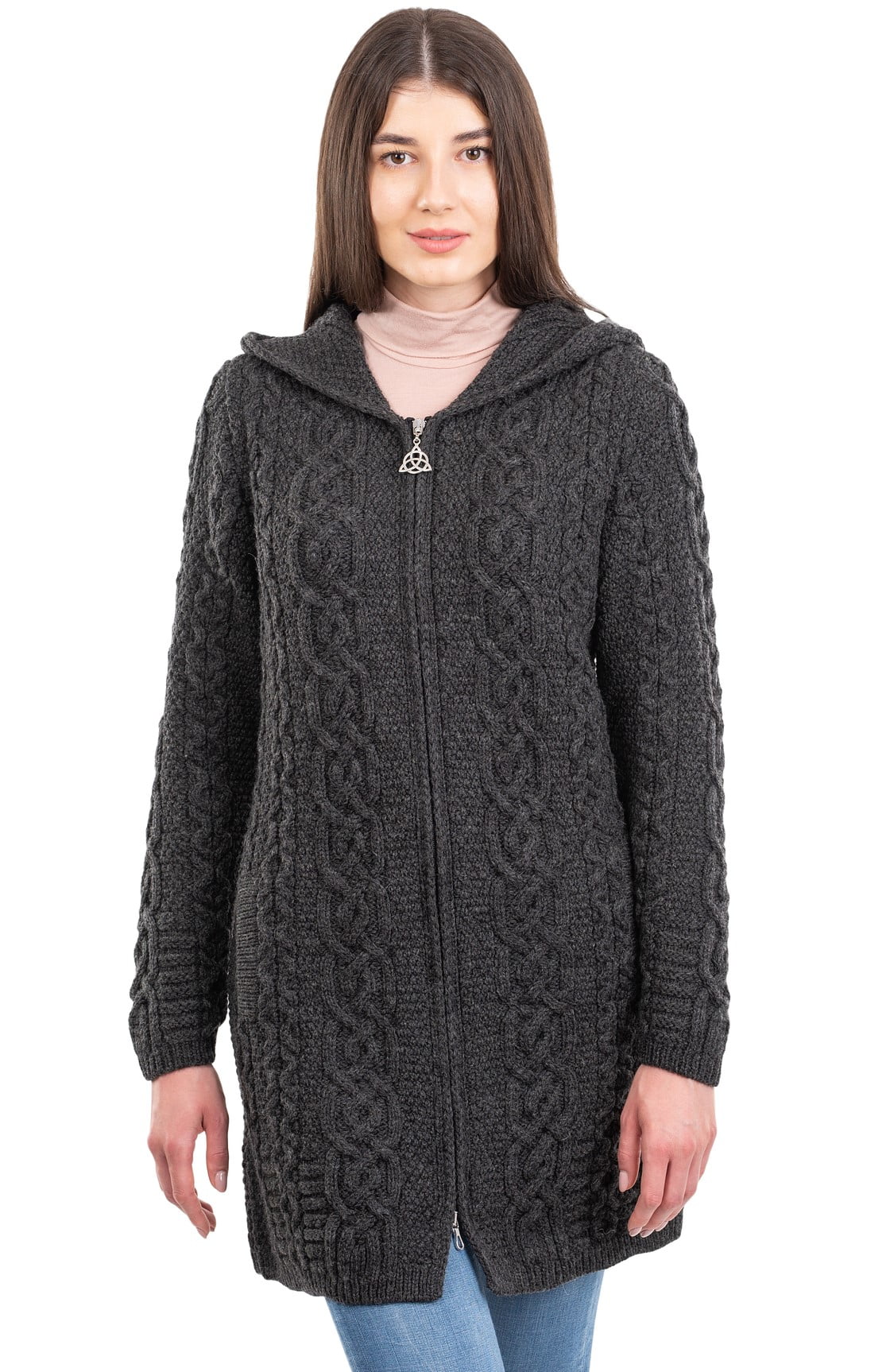 SAOL 100% Merino Wool Women's Aran Zip Hooded Irish Cardigan Sweater ...