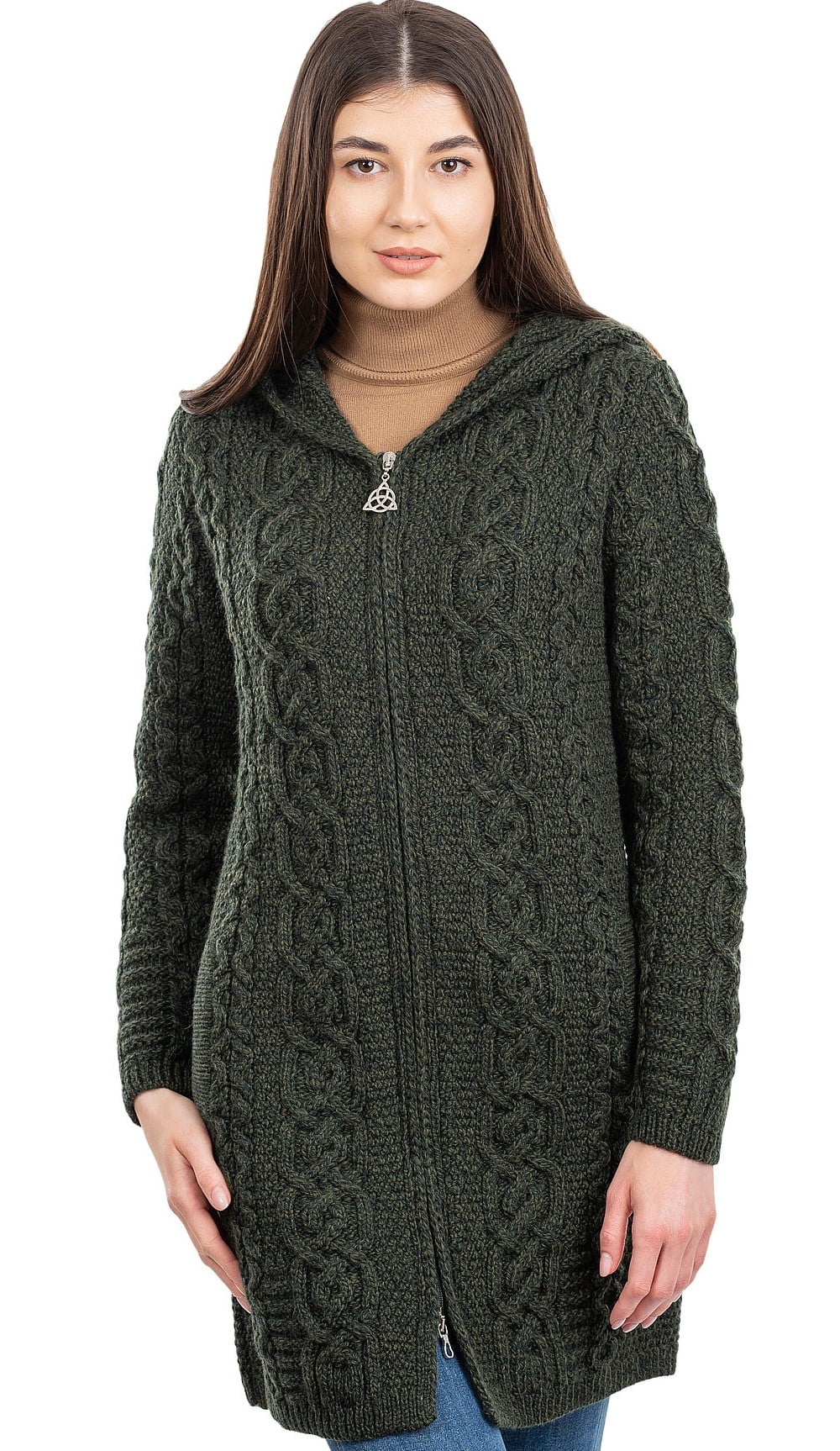 SAOL 100% Merino Wool Women's Aran Zip Hooded Irish Cardigan Sweater ...