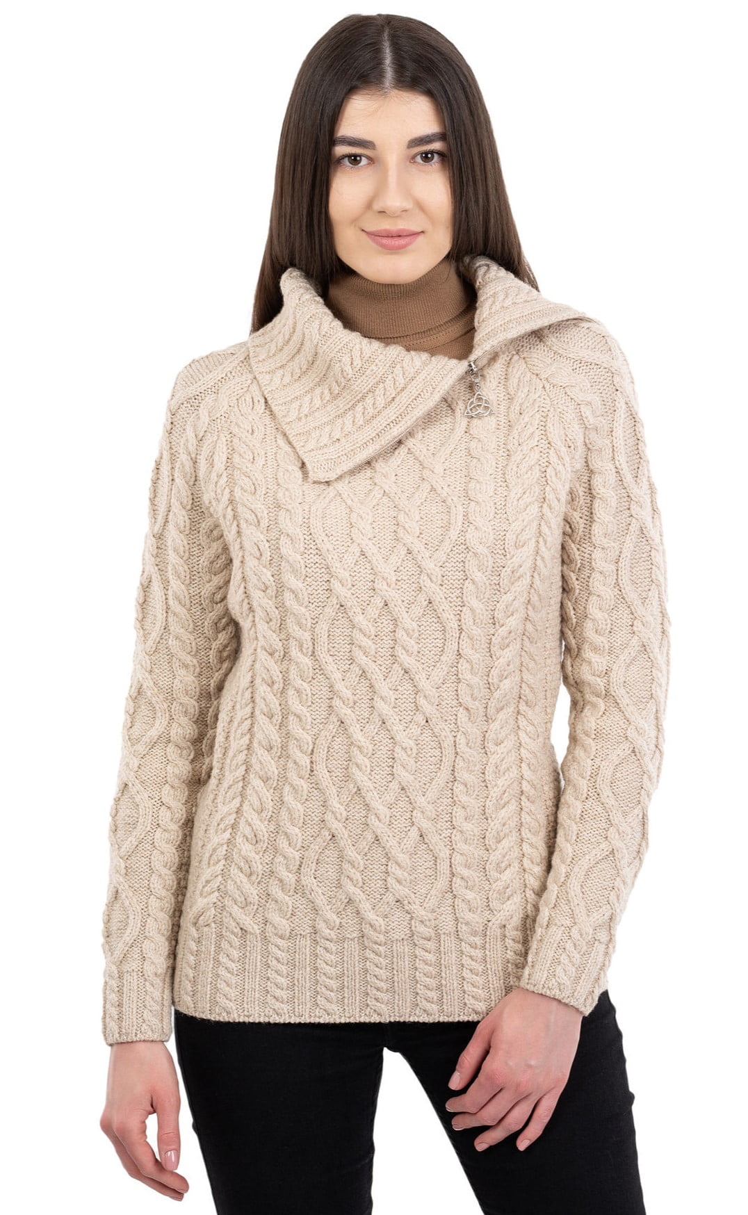 SAOL 100% Merino Wool Women's Zipper Neck Swearter Aran Irish Fisherman ...