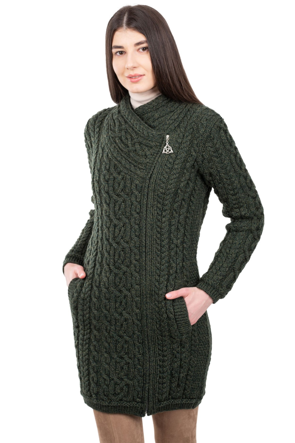 SAOL Aran Cable Knit Zip Cardigan Fisherman Irish Sweater 100% Premium ...