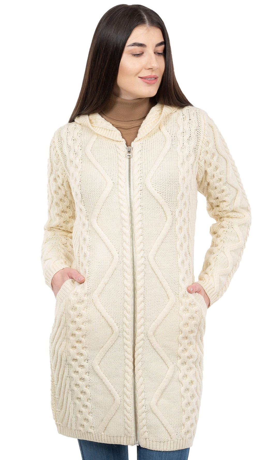 SAOL Aran Cable Knit Zip Hooded Coat 100% Merino Wool Women's Irish ...