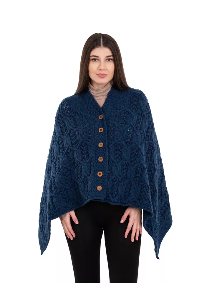 SAOL Aran Poncho 100% Merino Wool for Ladies with Buttons V-Neck Shawl ...