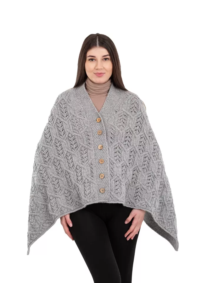 SAOL Aran Poncho 100% Merino Wool for Ladies with Buttons V-Neck Shawl ...