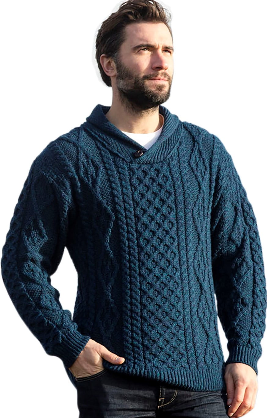 SAOL Aran Shawl Collar Cardigan Sweater 100% Premium Merino Wool Irish ...