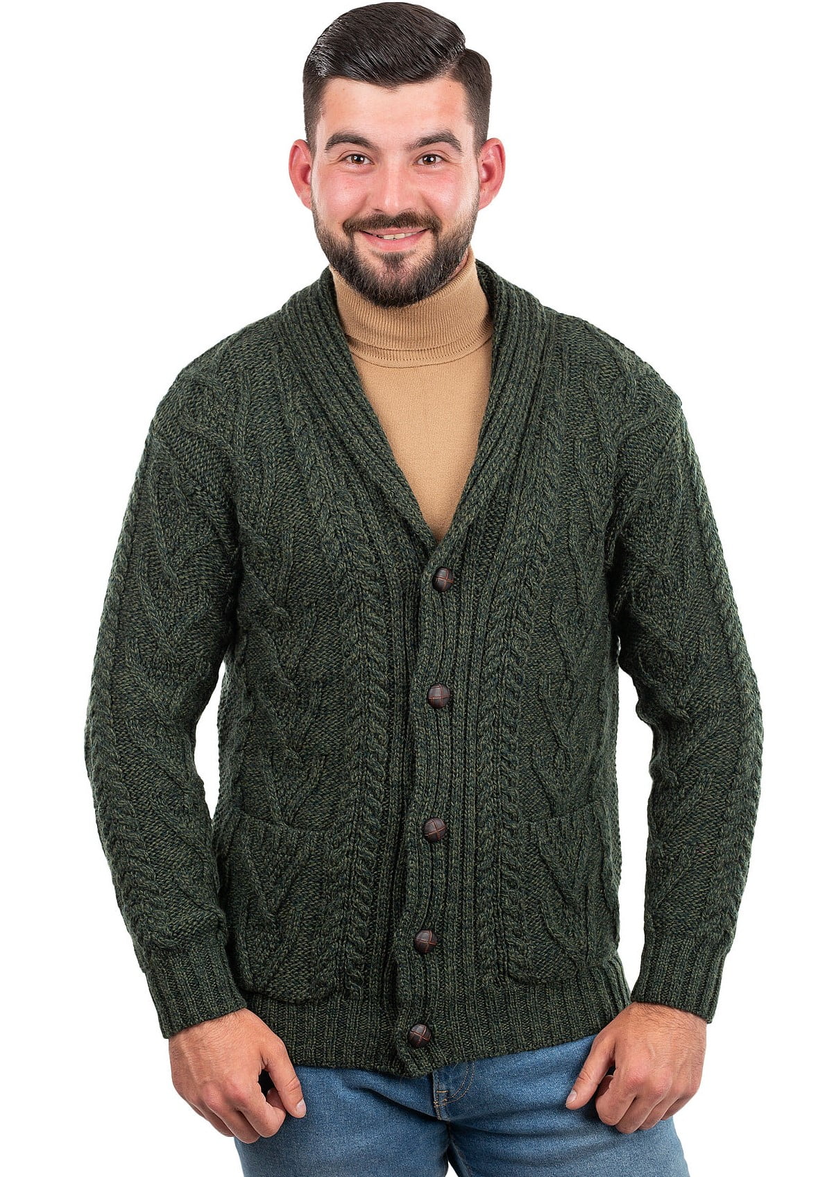 SAOL Aran Shawl Collar Fisherman Cardigan Sweater 100% Merino Wool Men ...