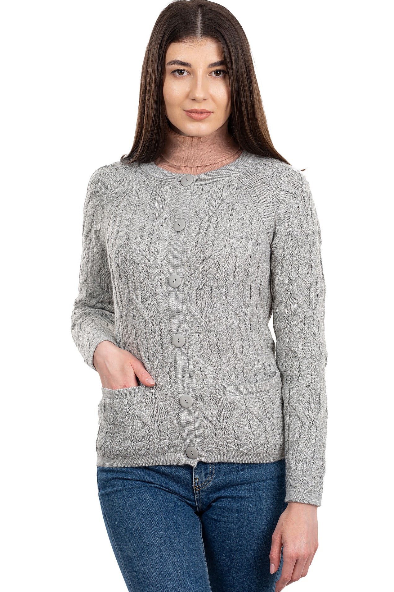 SAOL Aran Wool Button Up Cardigan Sweater Women's Irish Cable Knitted ...