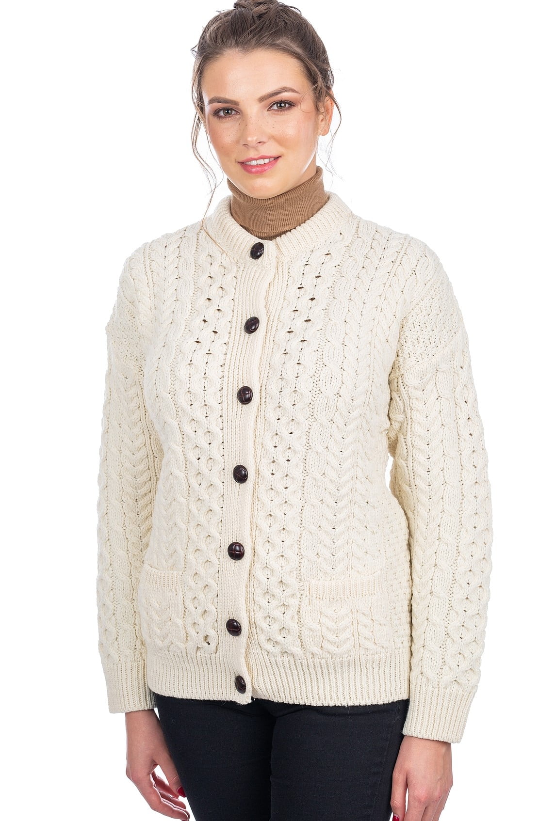 SAOL Irish Aran 100% Premium Soft Merino Wool Button Up Cardigan ...