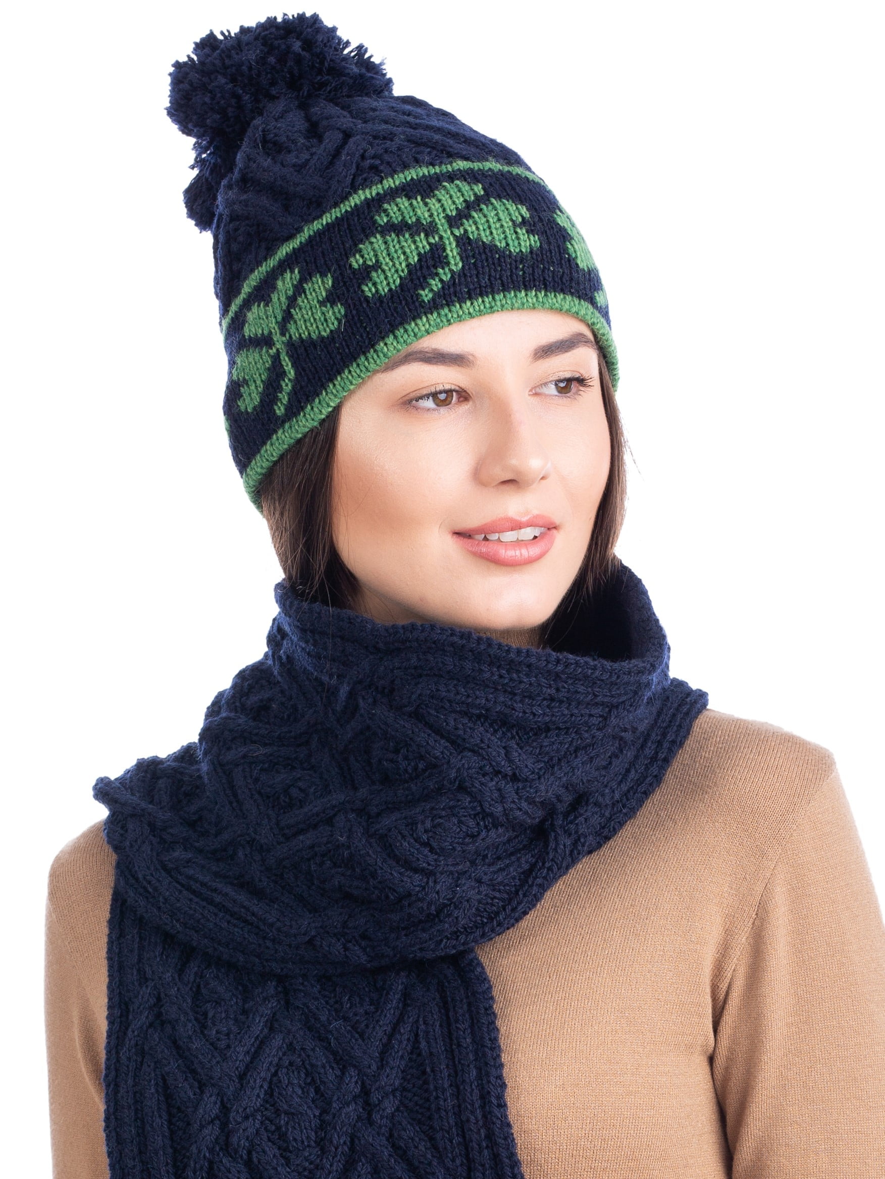 SAOL Irish Shamrock Cable Knitted Pom Pom Hat 100% Merino Wool Women's Aran Cap Made in Ireland ...