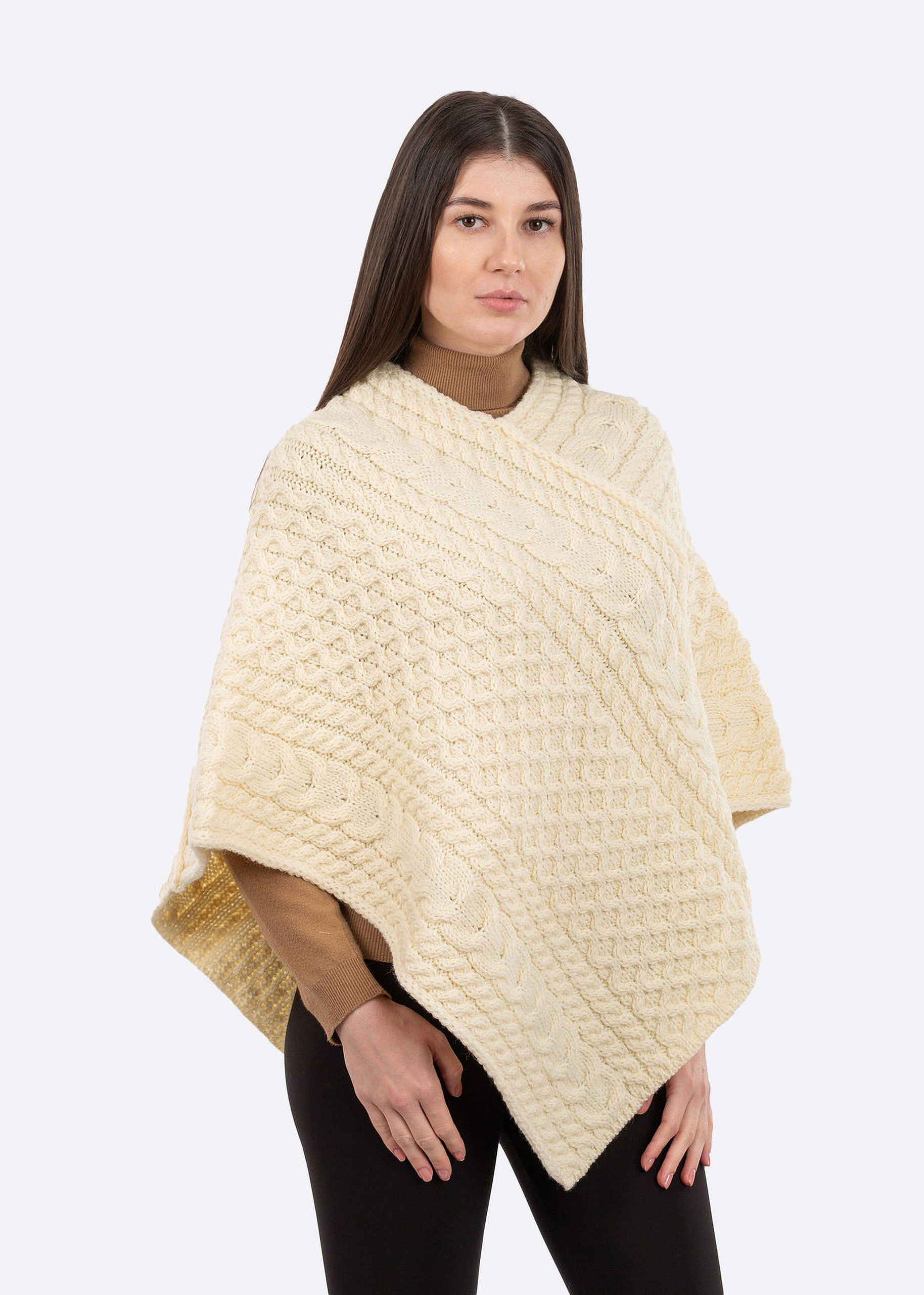 SAOL Ladies Irish Aran Cable Knit Poncho - 100% Merino Wool Made in ...