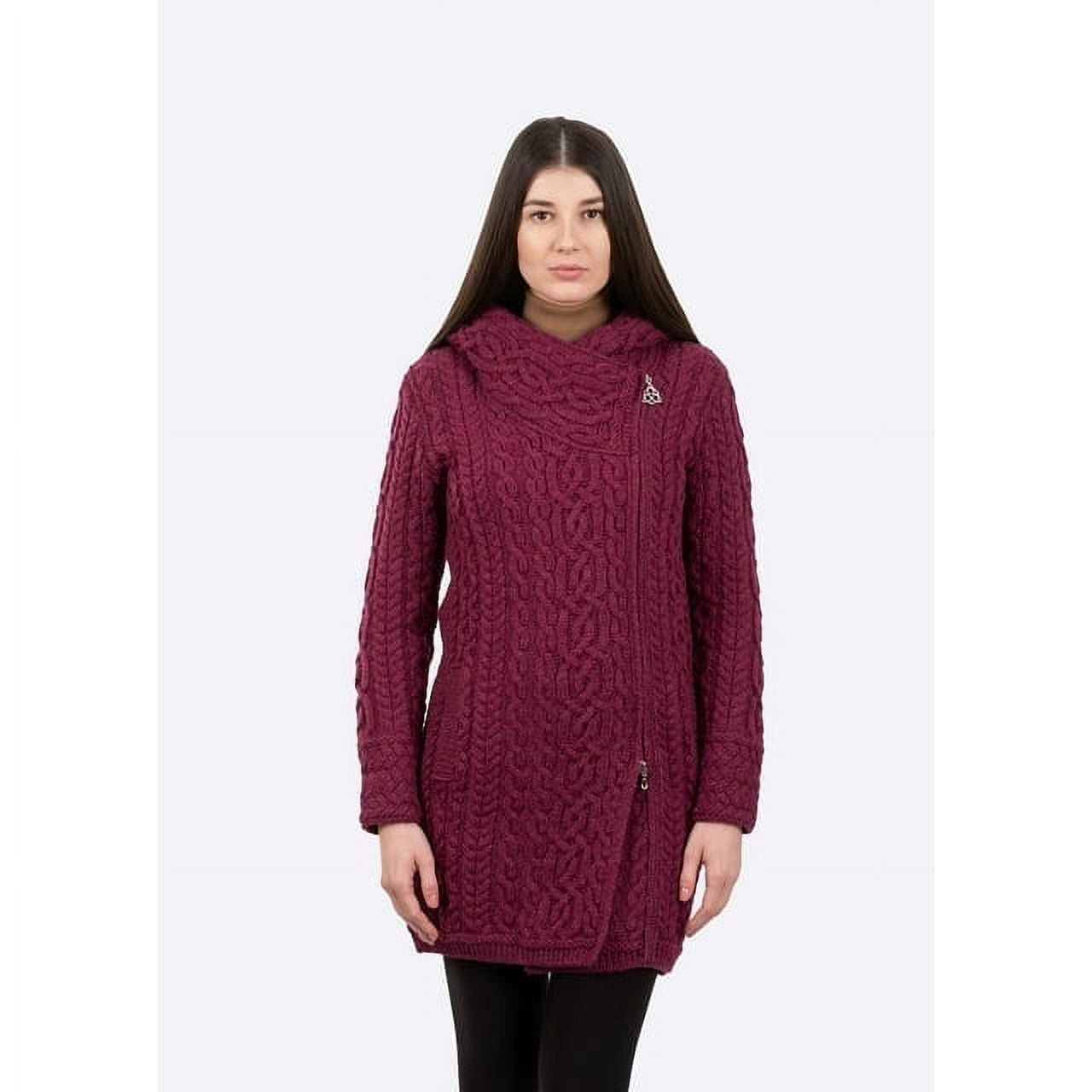 SAOL Ladies Irish Aran Zip Cardigan - 100% Merino Wool Coat with ...