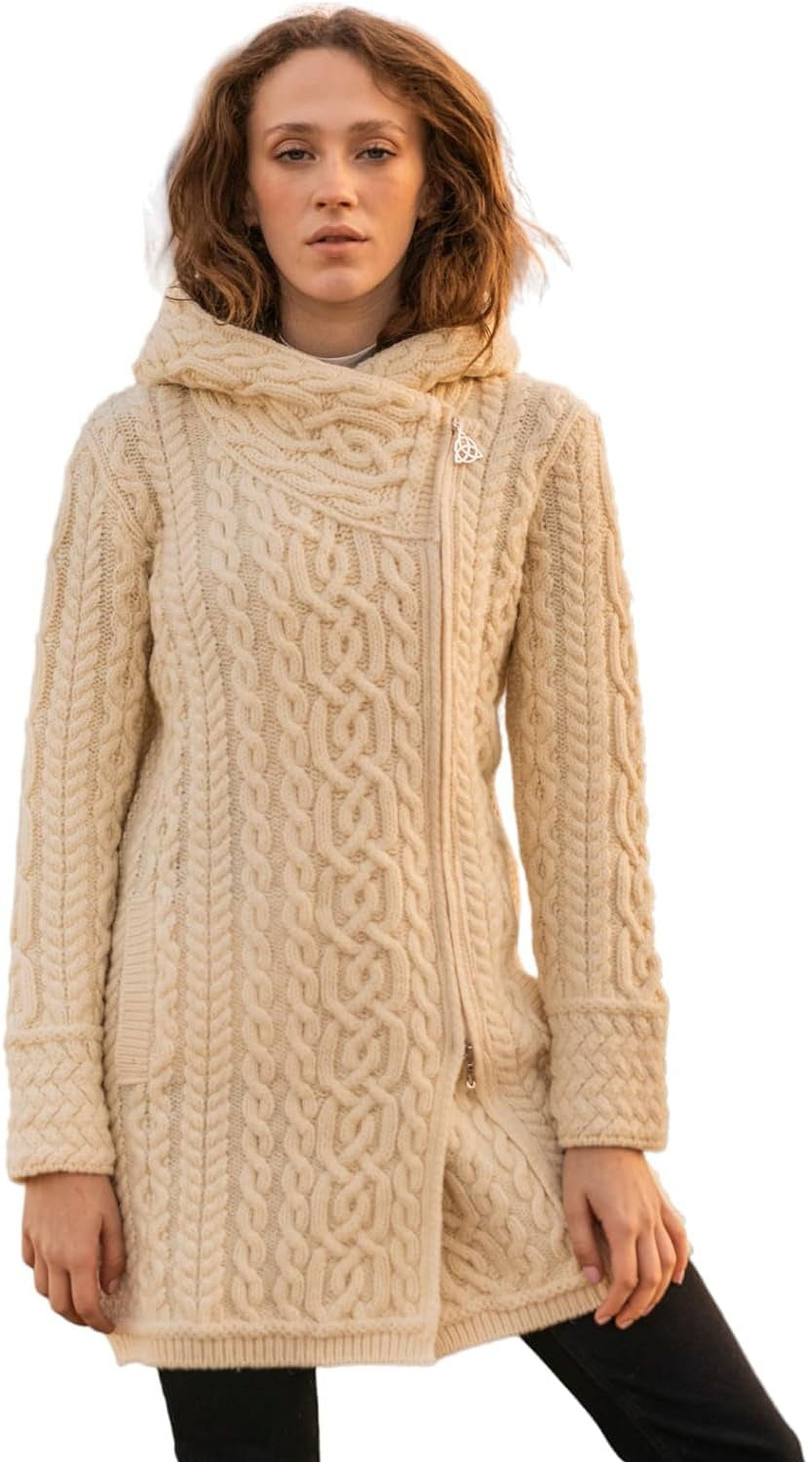 SAOL Ladies Irish Aran Zip Cardigan - 100% Merino Wool Coat with ...