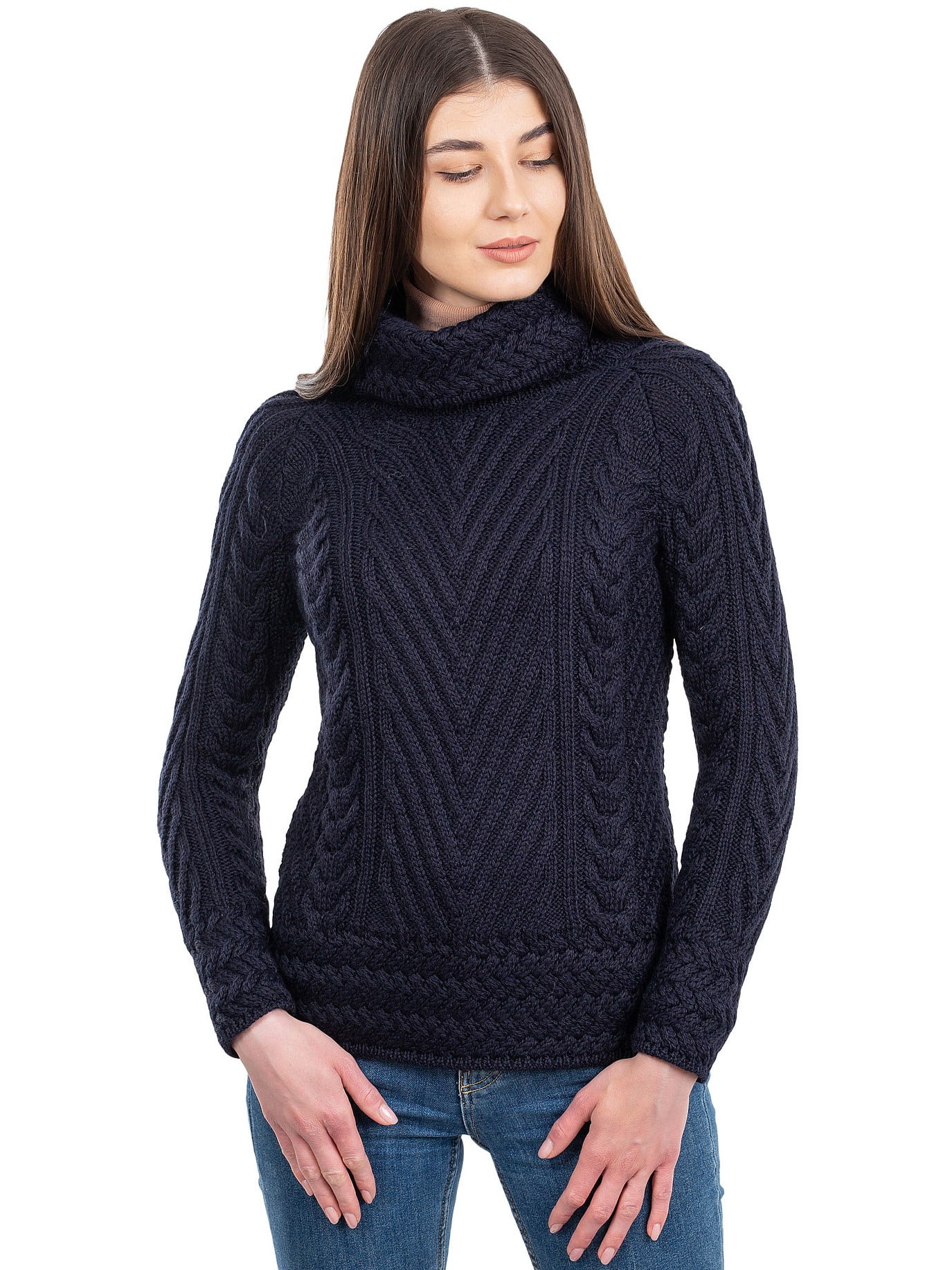 SAOL Ladies Turtleneck Ribbed Irish Cable Knit Wool Sweater - Walmart.com