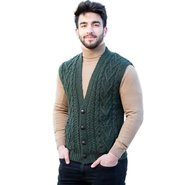 SAOL Men's 100% Merino Wool Sweater Vest Aran Irish V-Neck Cable Knit ...