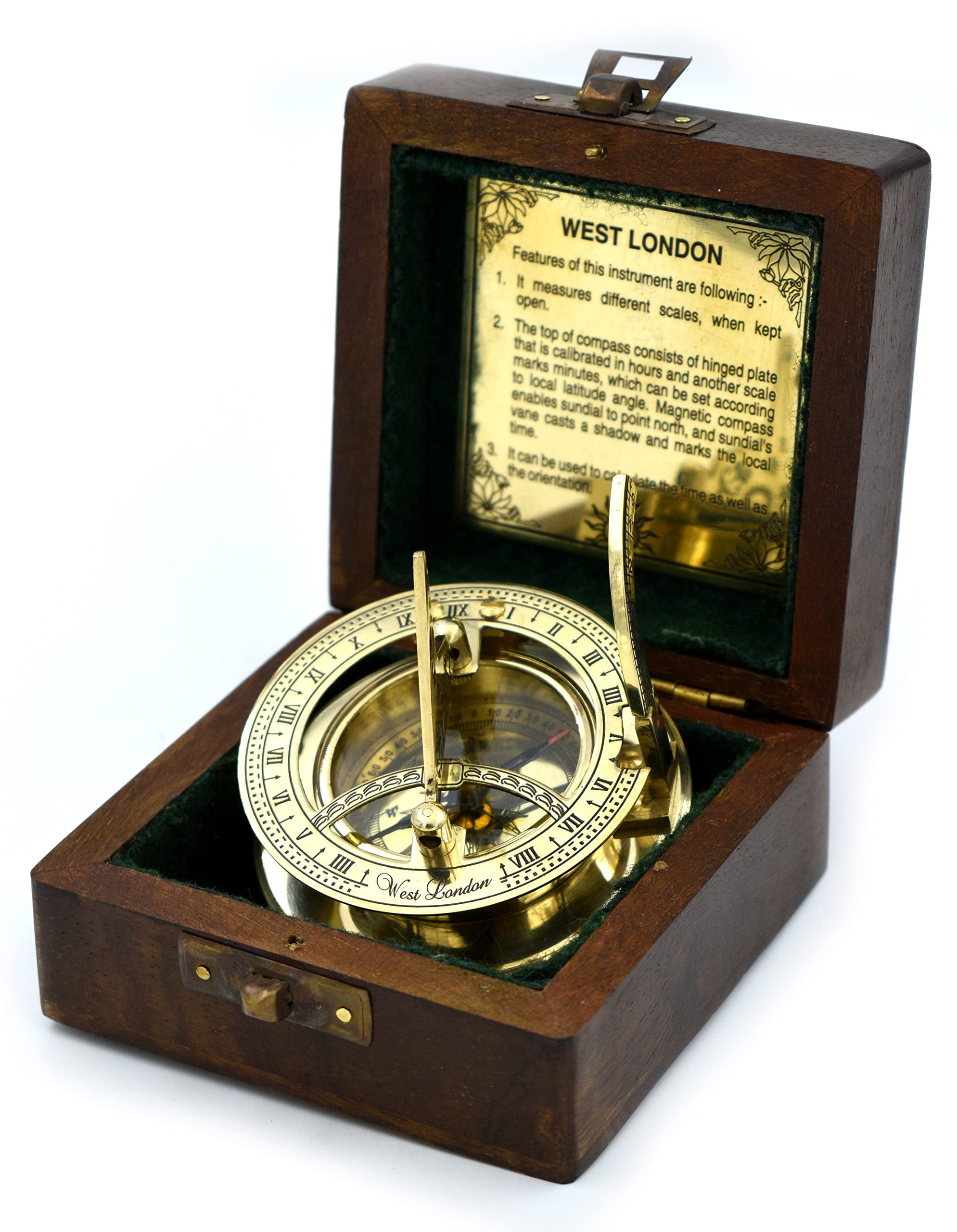 SARA NAUTICAL Antique Brass Sundial Compass, Sundial Clock in Box Gift ...