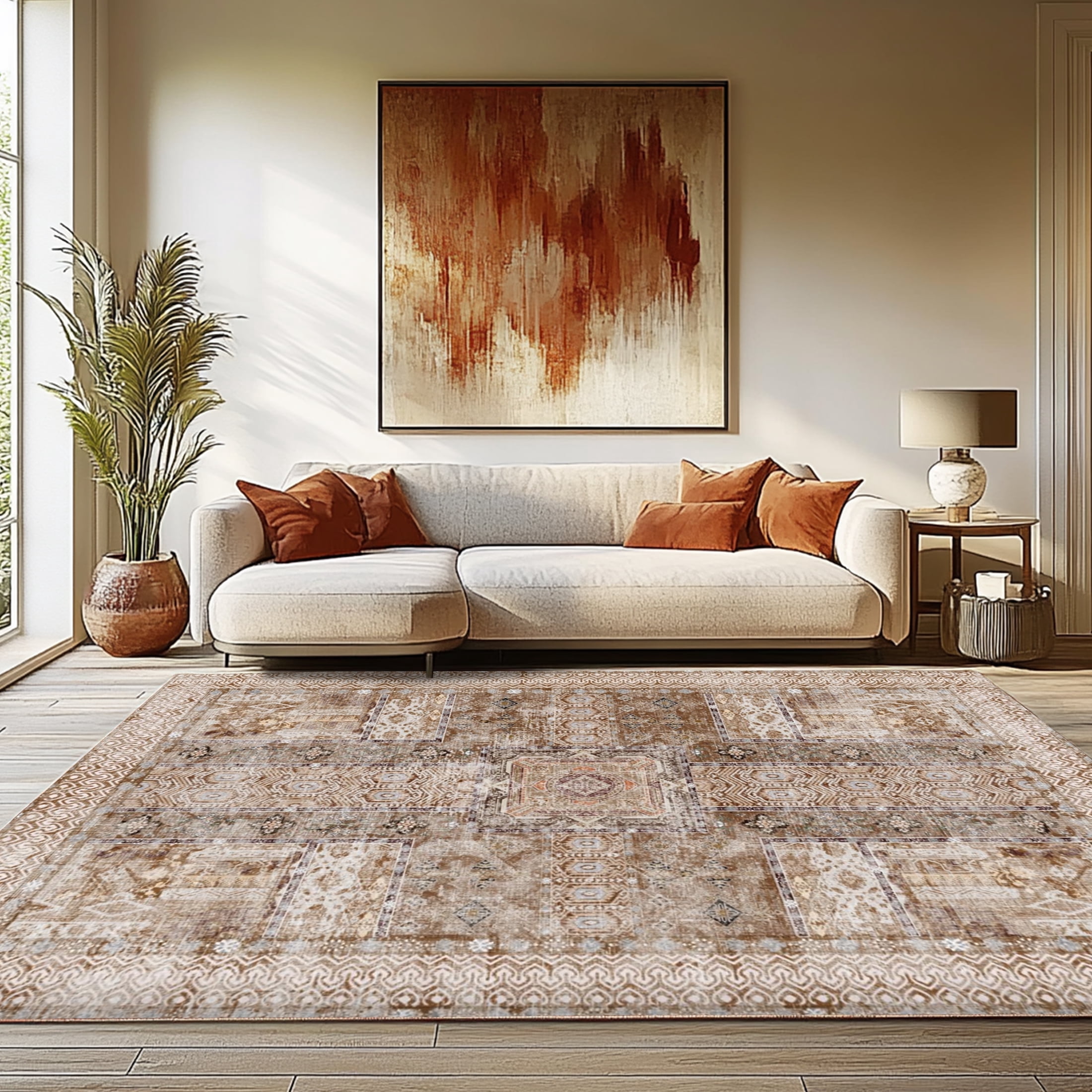 SARAG 4'x6' Living Room Rug, Brown Washable Carpets, Indoor Area Rug ...
