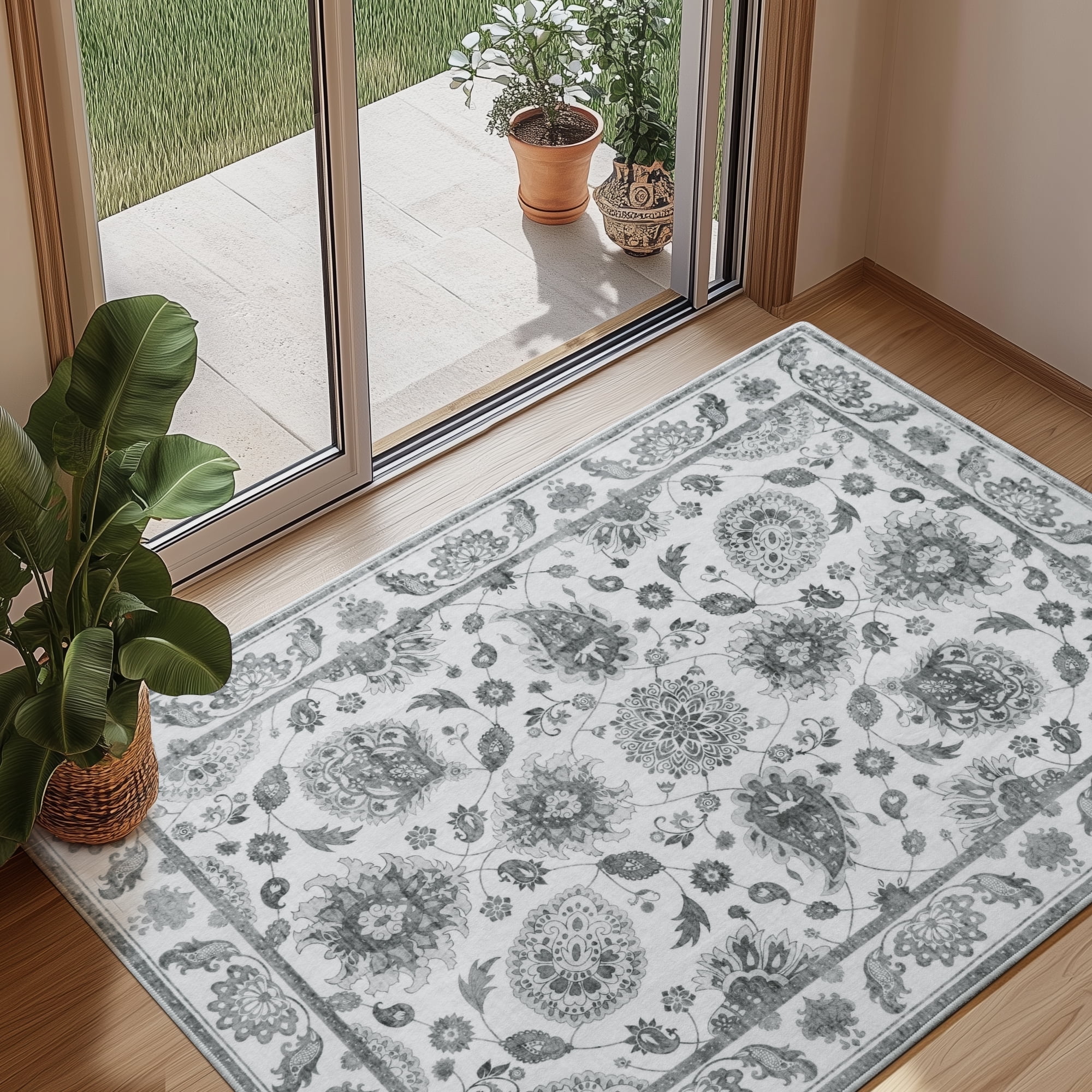 SARAG Area Rug 3x5 Non-Slip Grey Entryway Rug Entry Door Carpet Floral ...