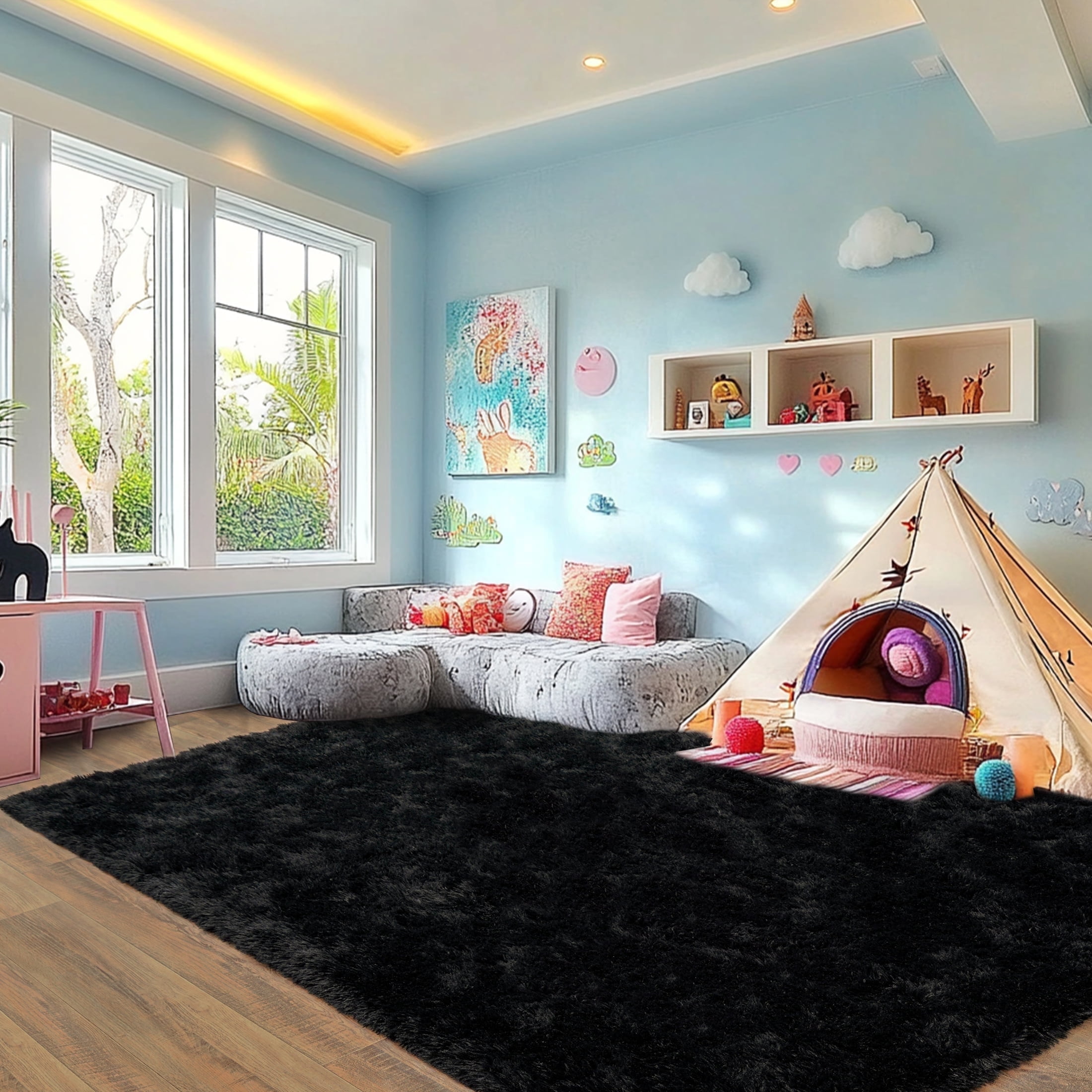 SARAG Super Soft Shag Area Rug for Living Room, 4x6ft Black Fluffy ...