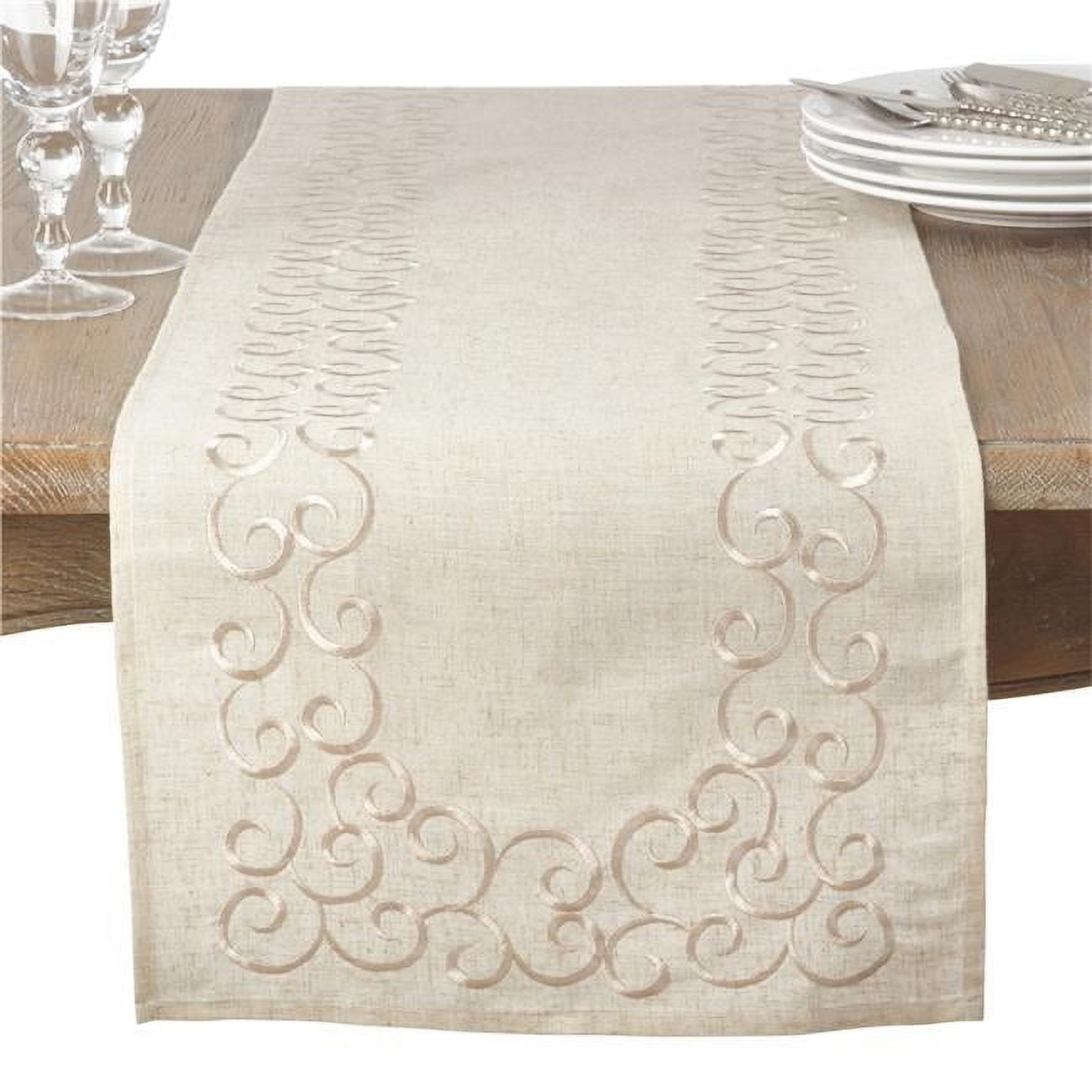 SARO 16 x 72 in. Rectangular Embroidered Swirl Design Linen Blend Table ...