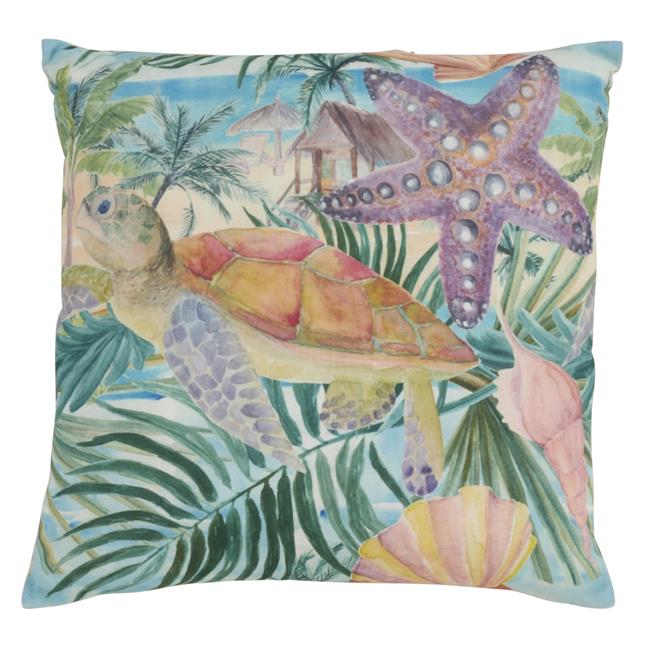 SARO 18 in. Square Tropical Print Throw Pillow with Turtle Design ...