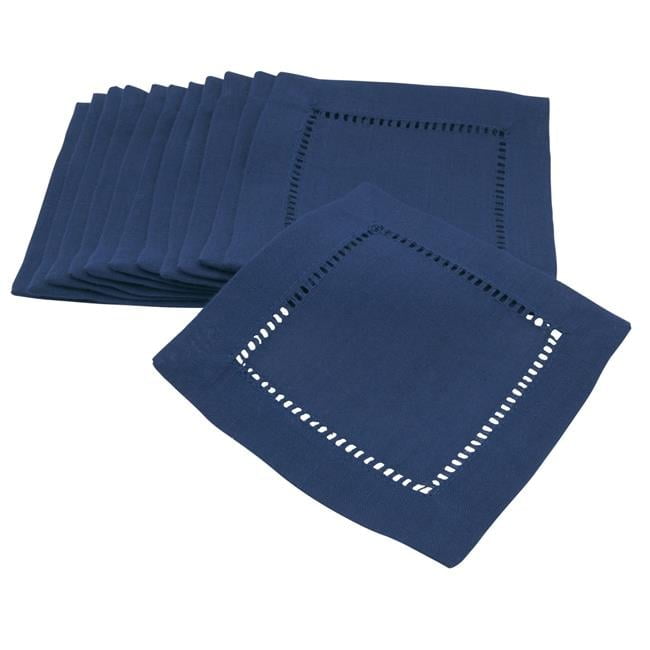 SARO Cocktail Napkin with Hemstitch Border Design Navy Blue - Set of 12 ...