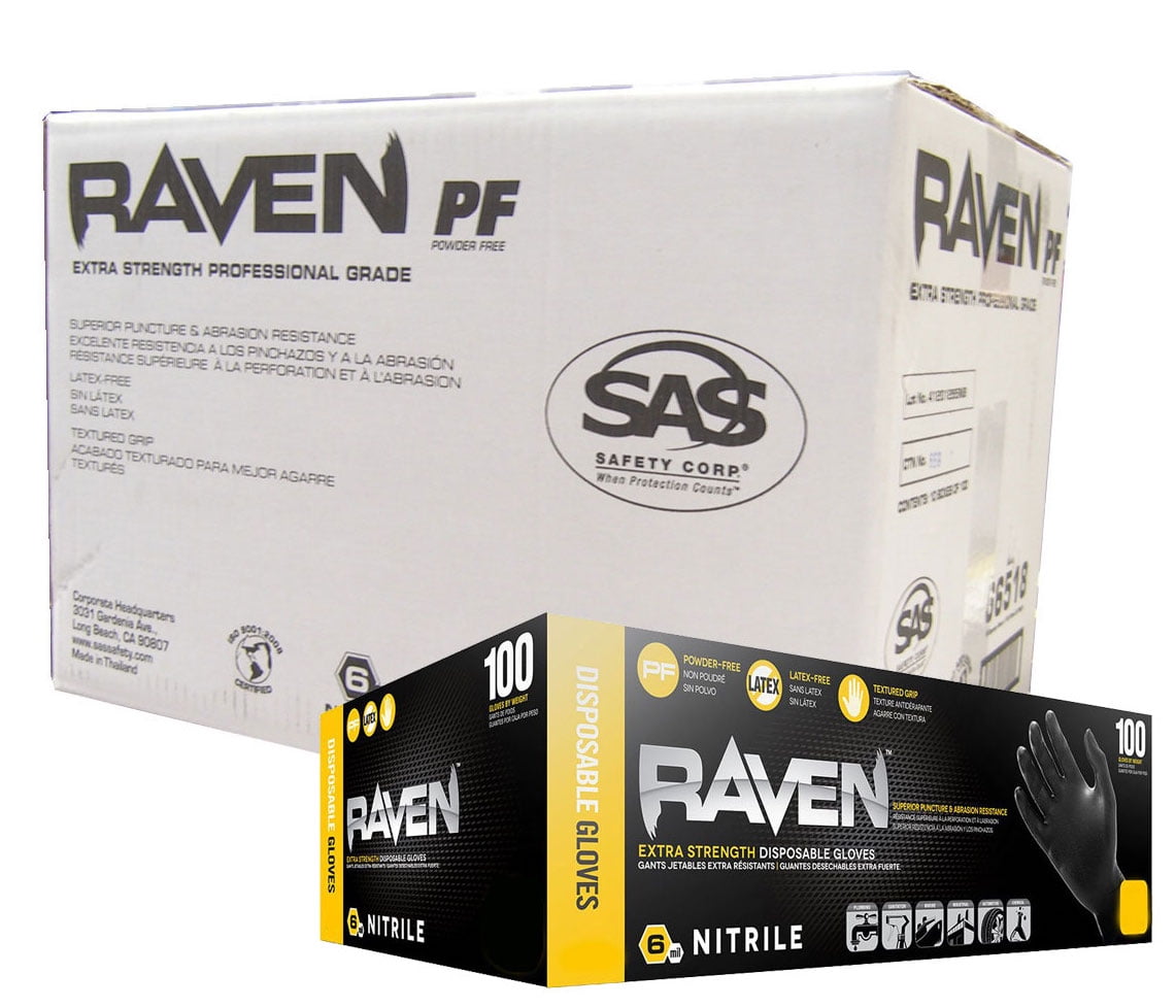 SAS RAVEN Powder-Free Black Nitrile Disposable Gloves Case of 10 Boxes ...