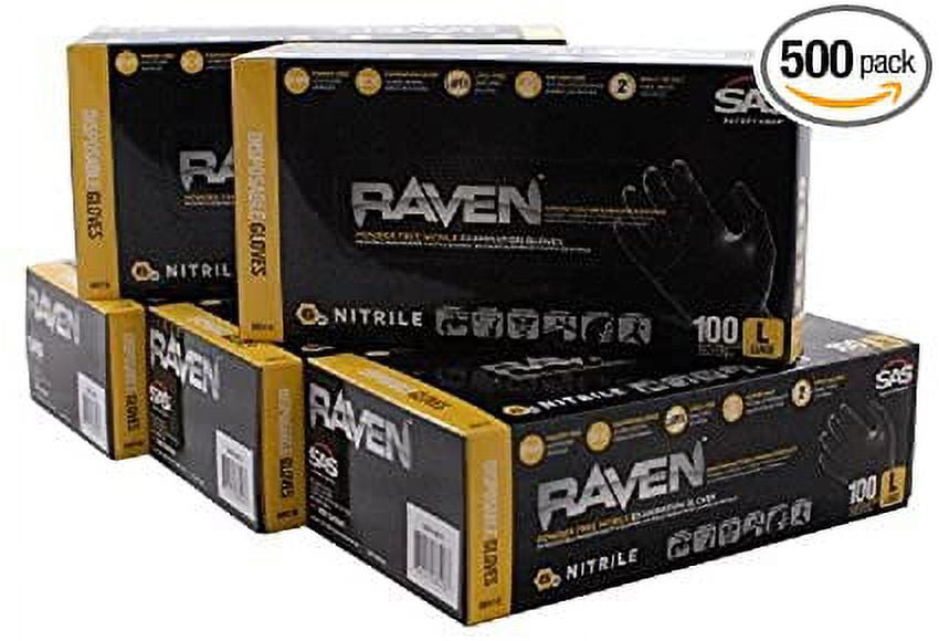 SAS Safety (5 Pack) 66518 Raven Powder-Free Nitrile Gloves, Black ...
