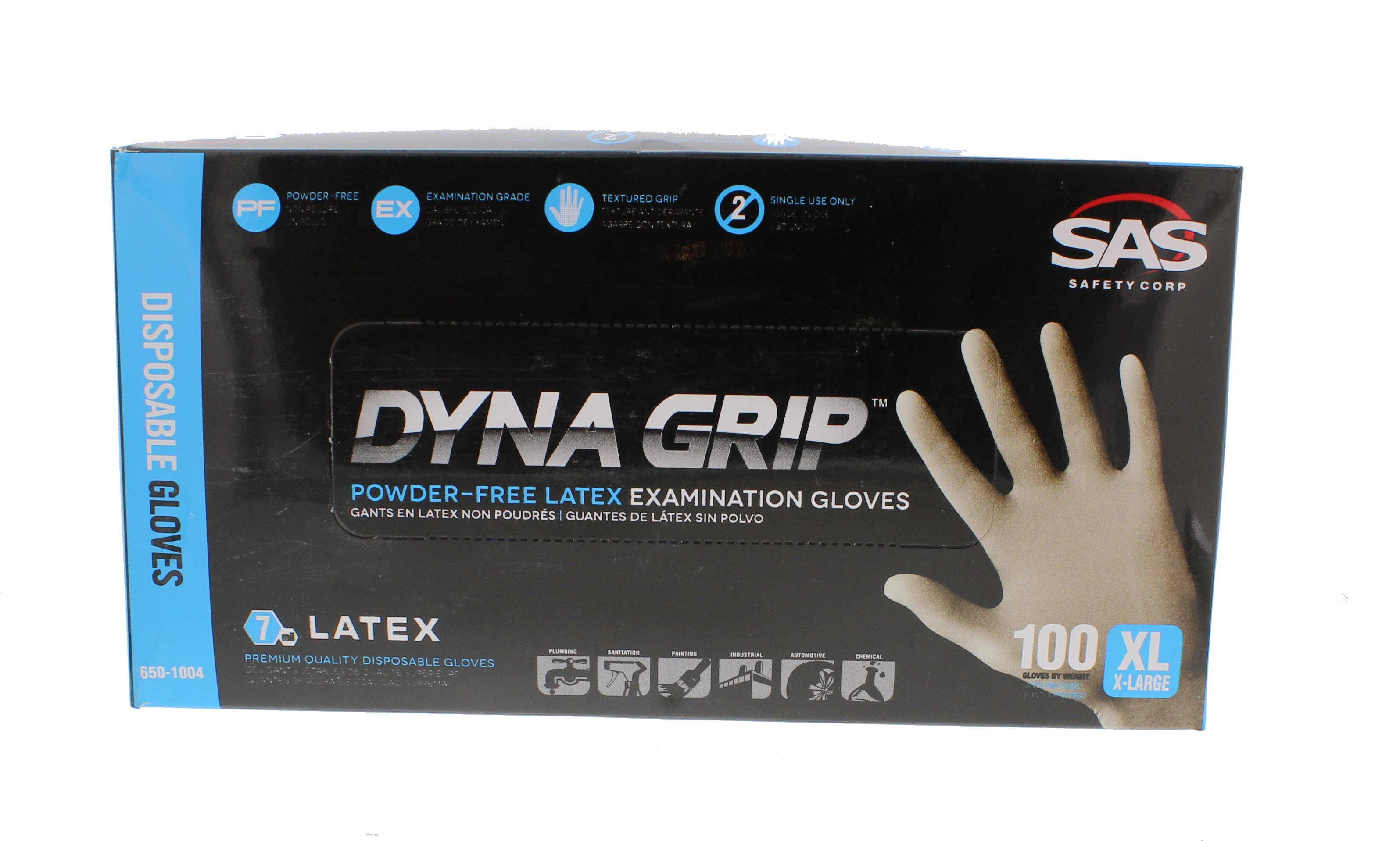 SAS Safety 650-1004 Dyna Grip Powder-Free Disposable XL Latex Gloves ...