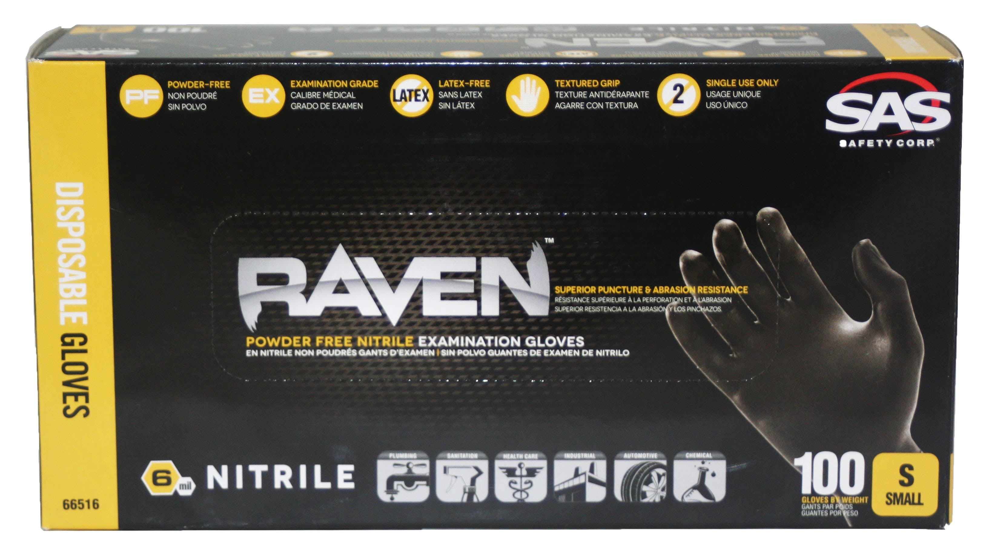 SAS Safety Raven Black Nitrile Gloves, 7 Mil Thickness, Small, 100 ...