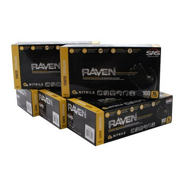SAS Safety 66519 Raven Powder-Free Disposable Black Nitrile Gloves, 6 ...