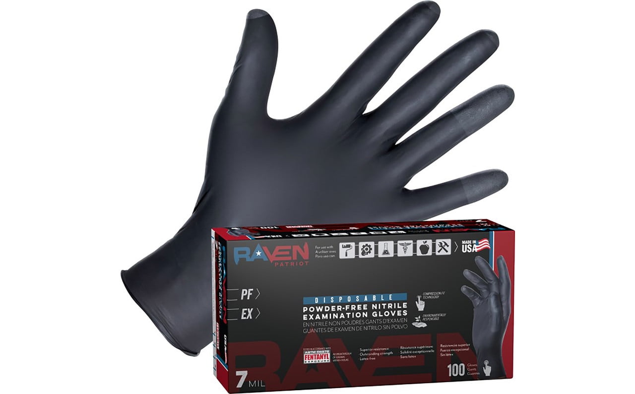 RAVEN Patriot 66483, 7 mil Nitrile Exam Grade Gloves, Powder Free, Size ...