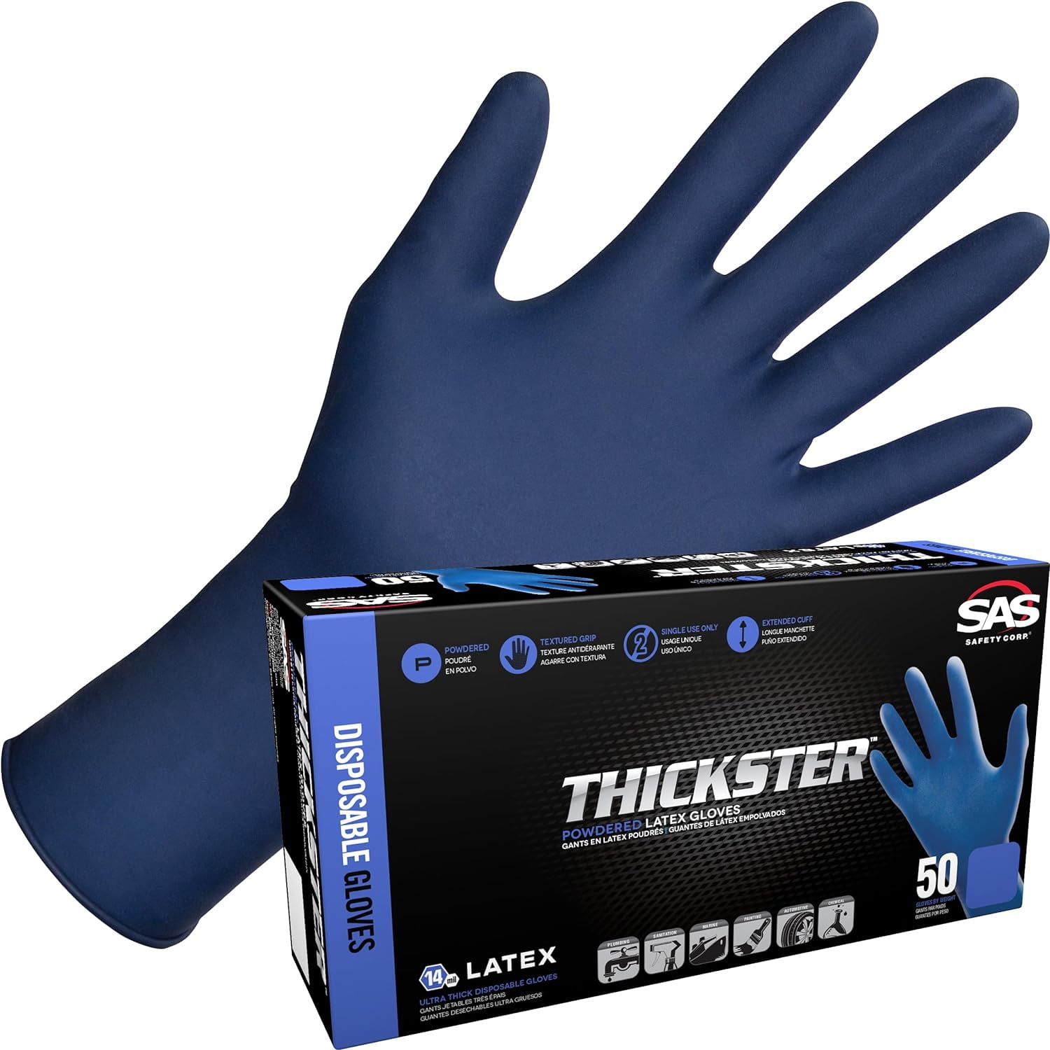 SAS Thickster Powdered Latex Disposable Gloves - 10 Boxes / 50 Ea. 500 Gloves Total. 14 Mil ...