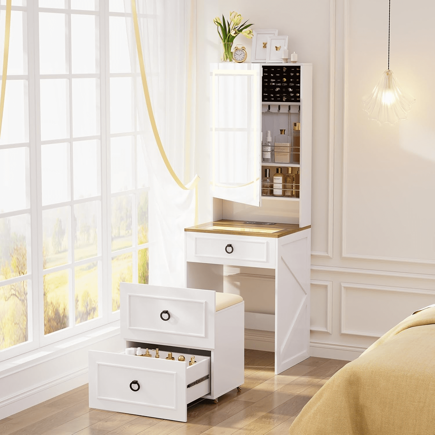 SASYXDC 3 in 1 Small Vanity with Lights and Mirror Tall Lighted Compact ...