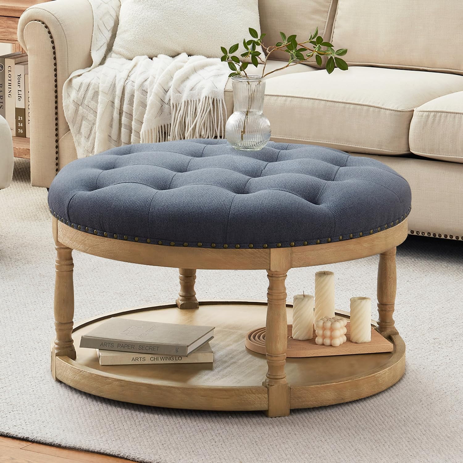 SASYXDC 33" Large Round Ottoman Coffee with Storage Upholstered Button ...