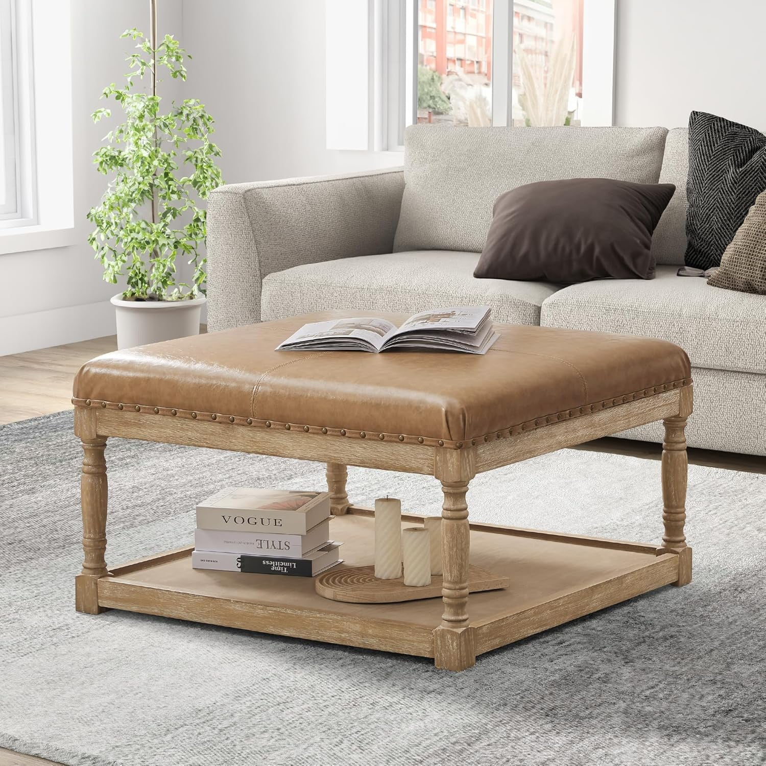 SASYXDC 33-Inch Leather Ottoman Coffee Large Ottoman for Living Room ...