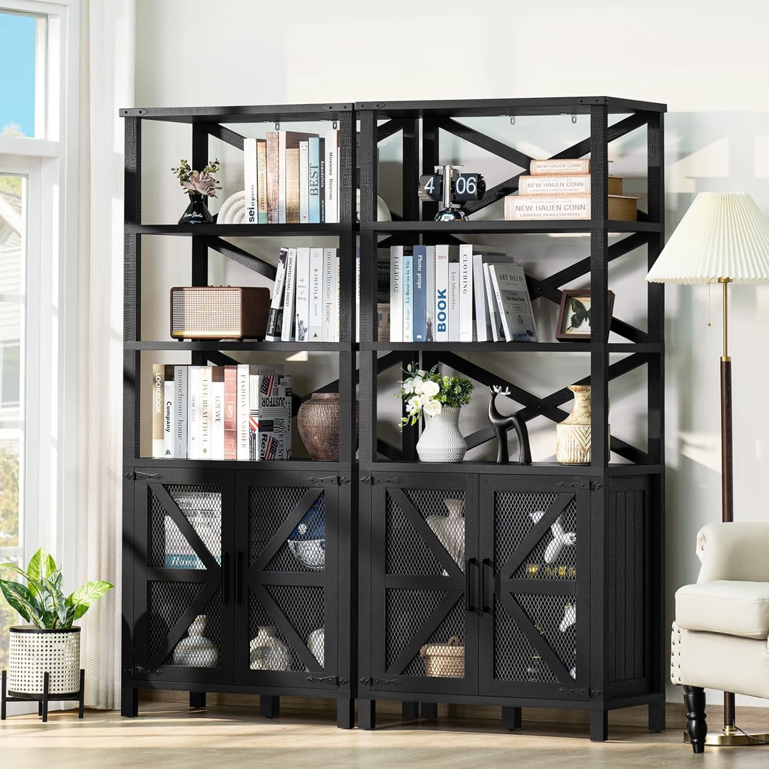 SASYXDC 5 Tier Bookshelf 70" Tall Bookcase with Barn Doors Large ...
