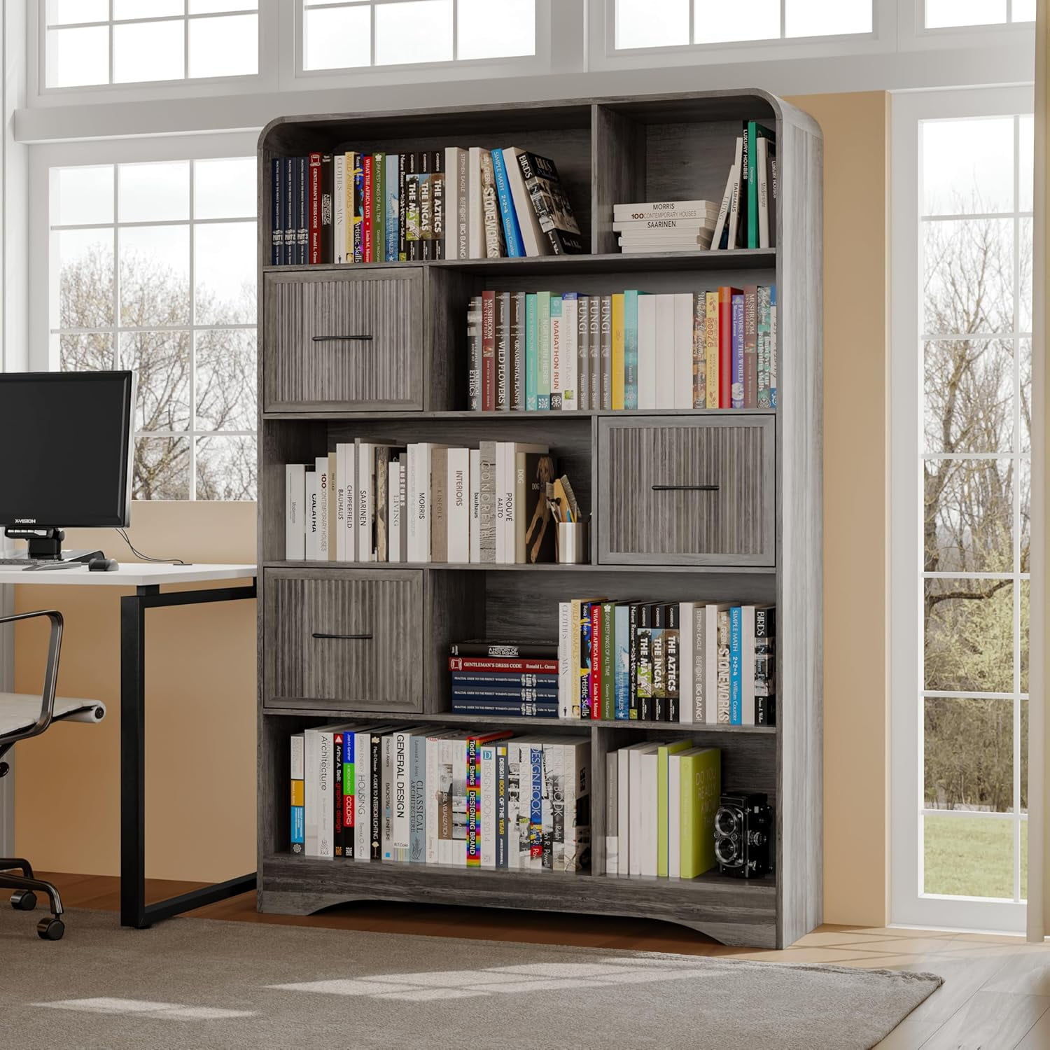 70" Tall Bookshelf Black Bookcase with 3 Bins Storage Arched 5-Tier ...