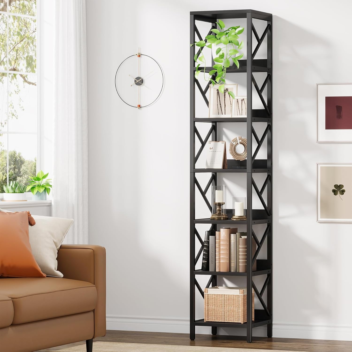 SASYXDC 78.7 Inch Extra Tall Narrow Bookshelf with LED Light 7 Tier ...