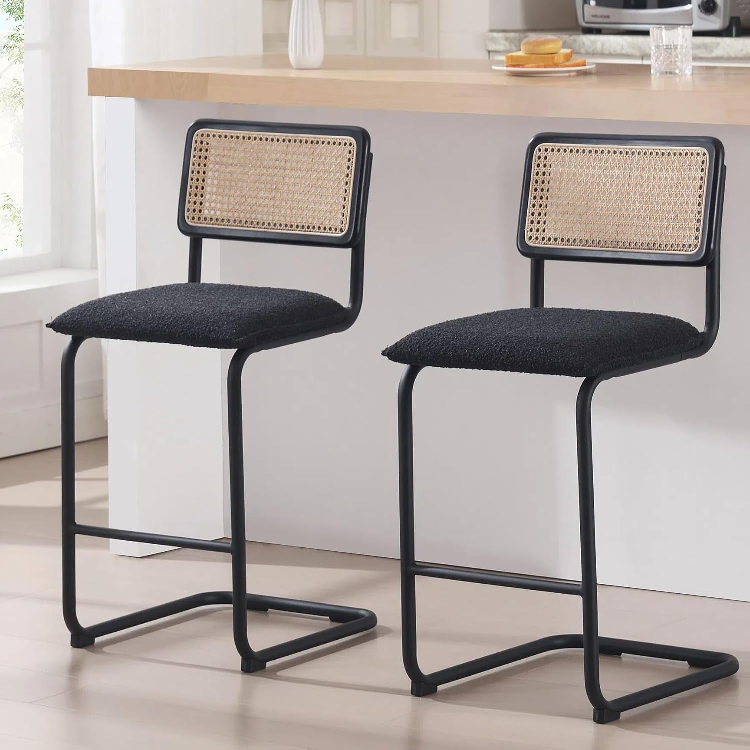 SASYXDC Bar Stools 30'' Upholstered Boucle Fabric Barstools with Wooden ...