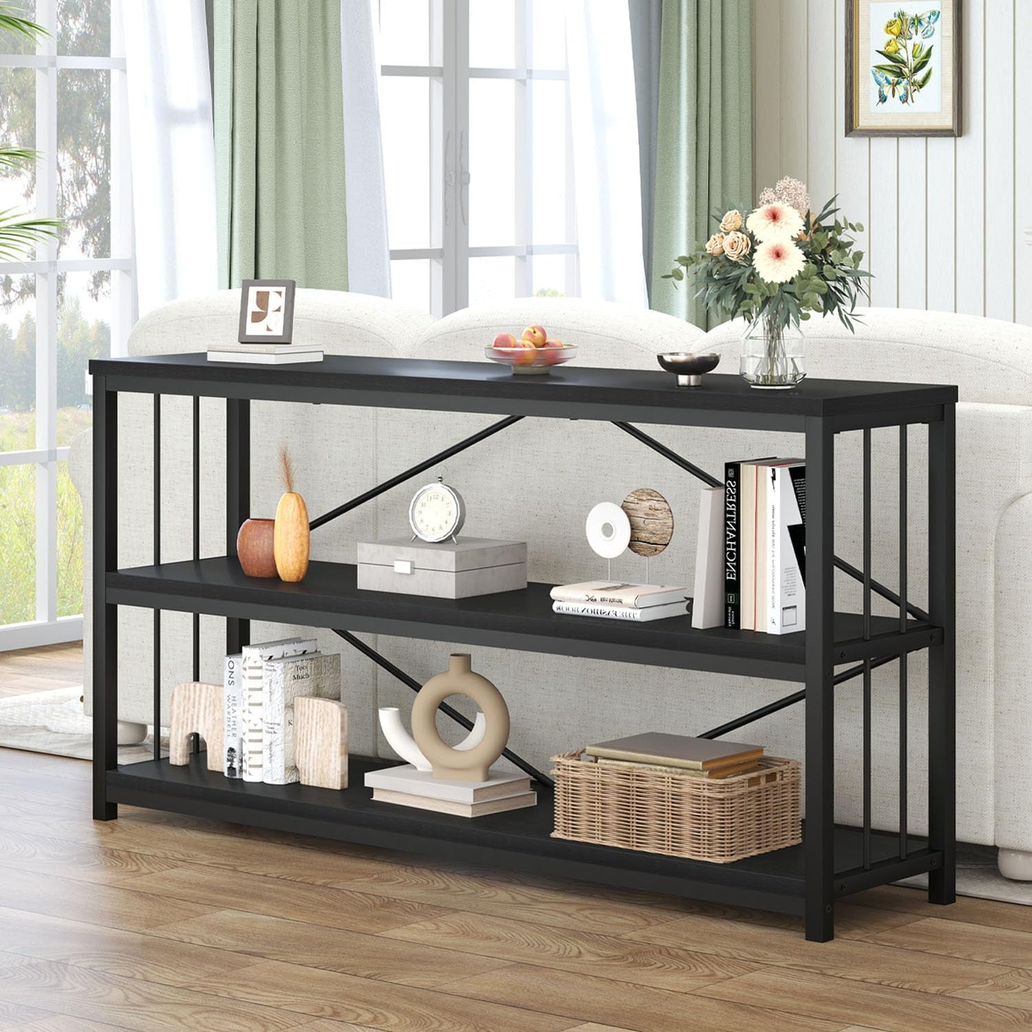 SASYXDC Black Horizontal Bookshelf Wood Metal 3 Tier Low Bookcase with ...