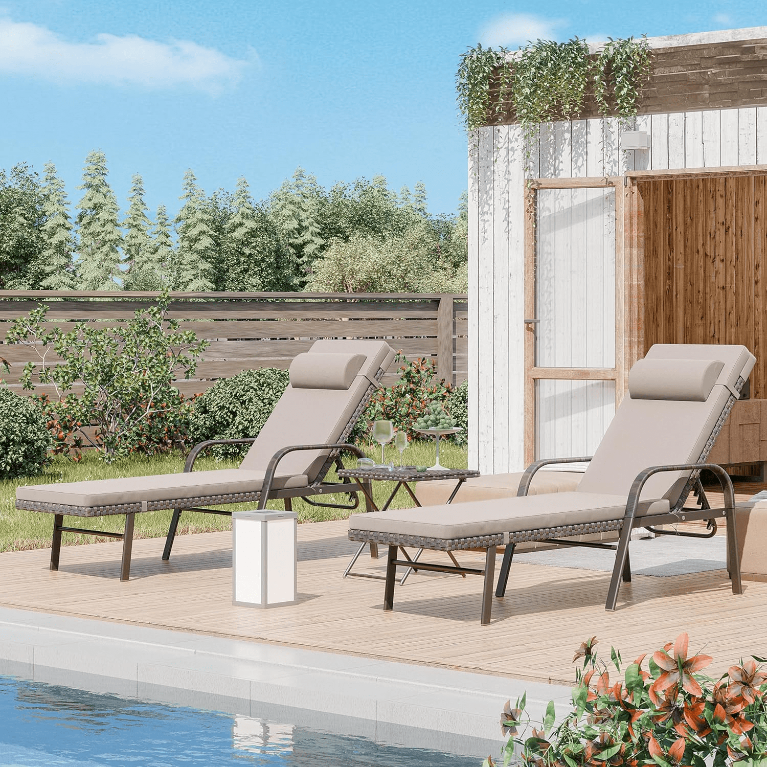 SASYXDC Chaise Lounge Set 3 Pieces Outdoor Rattan Wicker Pool Lounge ...