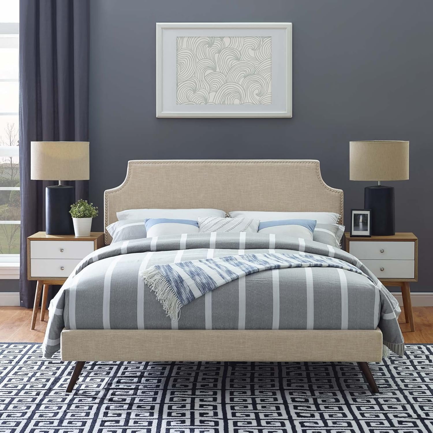 Corene Faux Leather Upholstered Full Platform Bed Frame With Round ...