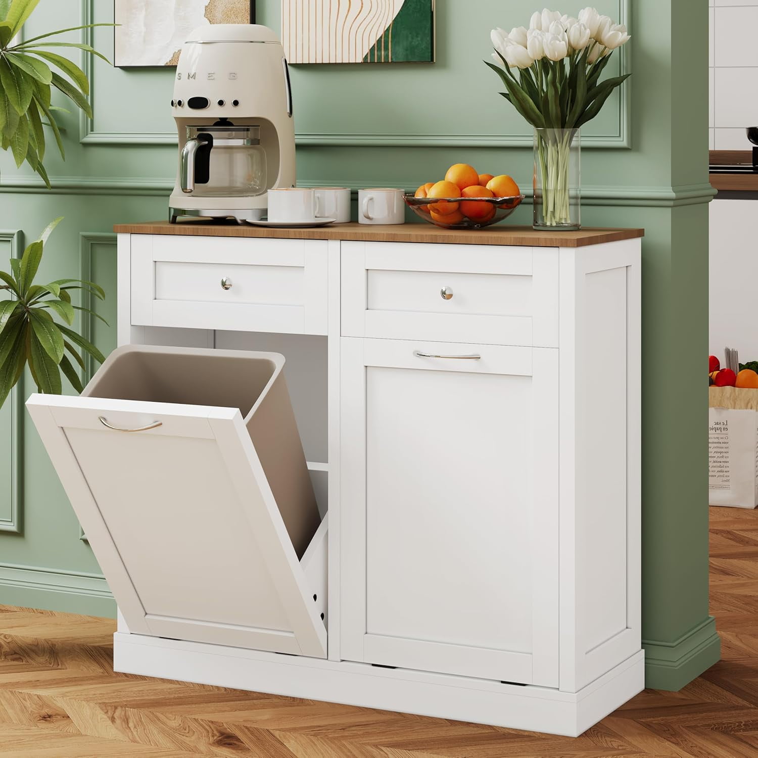 Double Tilt Out Trash Can Cabinet 20 Gallon Wooden Hidden Garbage Can ...