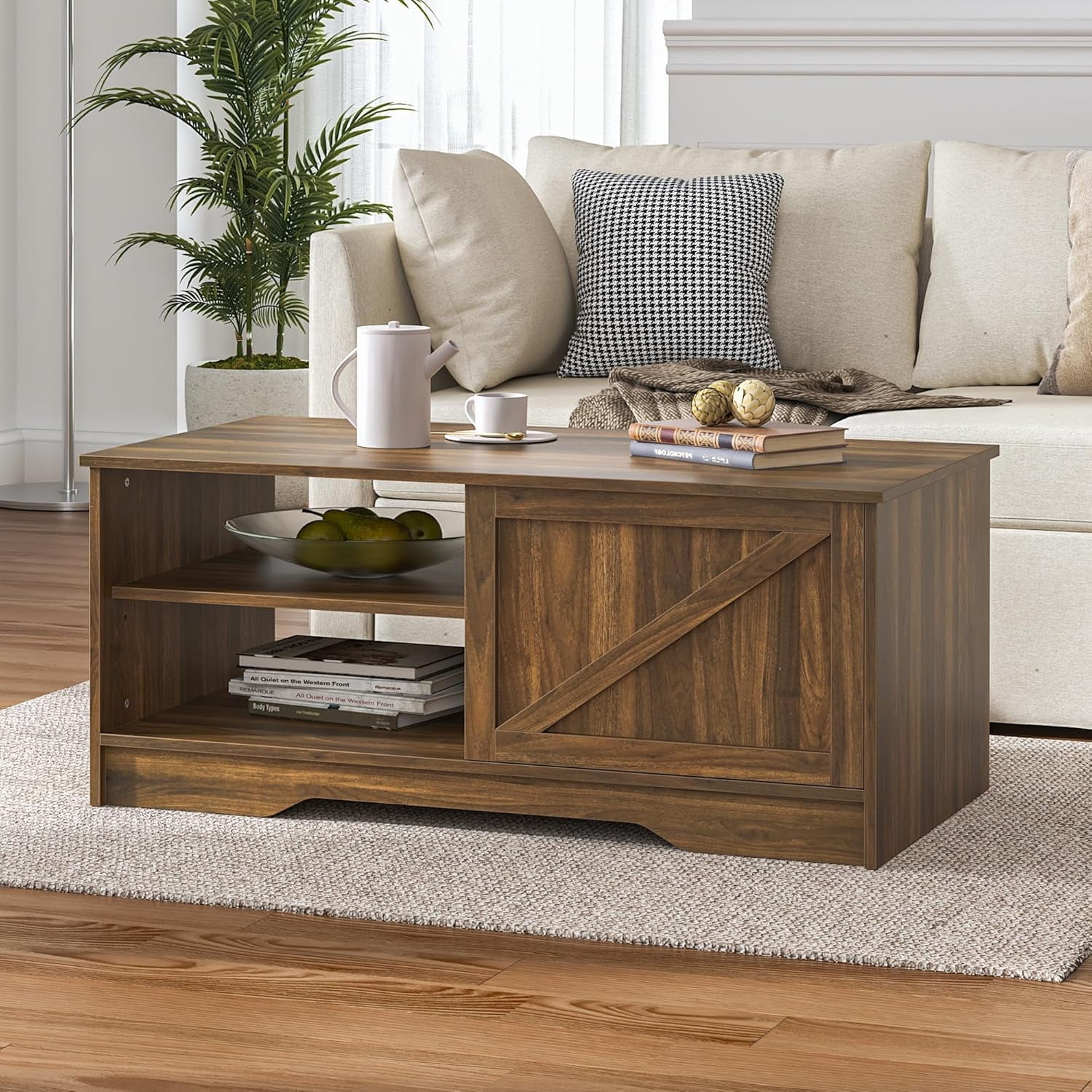 sasyxdc Farmhouse Coffee Table with Sliding Door 42 in Rustic Coffee ...