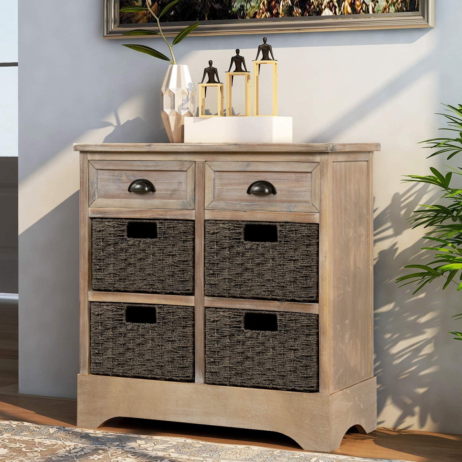 Farmhouse Wicker Baskets Storage Cabinet with 2 Drawers and Aluminum ...
