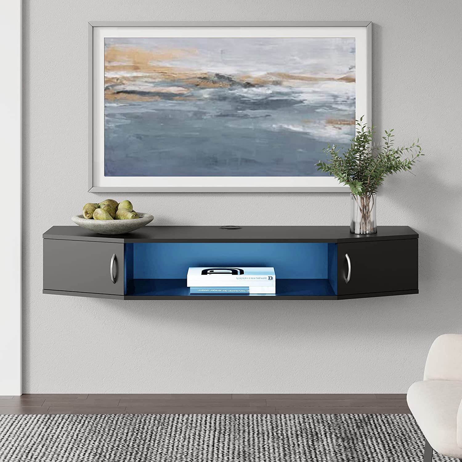 SASYXDC Floating TV Stand Wall Mounted Shelf with Blue LED Lights Wood ...