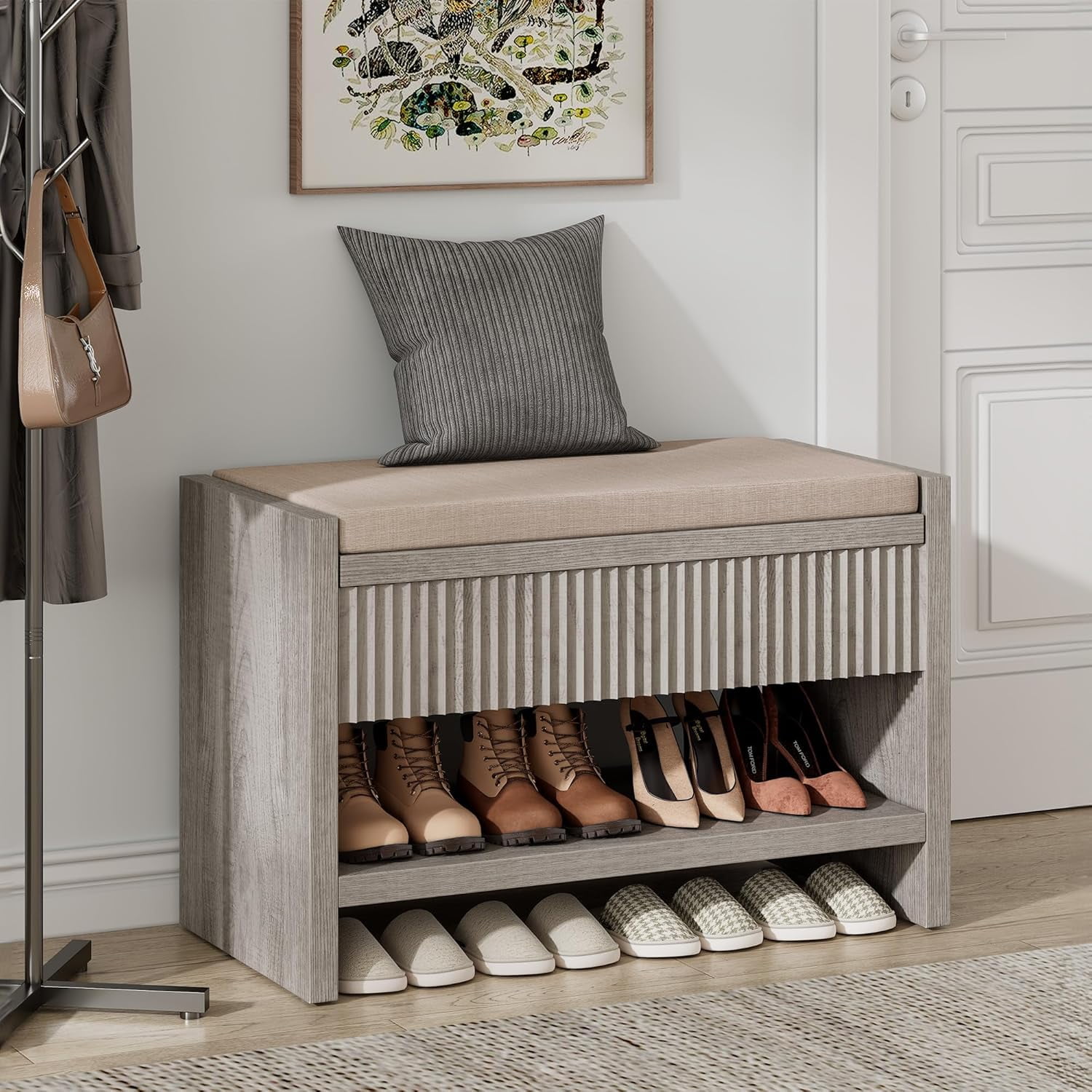 SASYXDC Fluted Shoe Bench - Entryway Bench with Lift Top Storage Wood ...