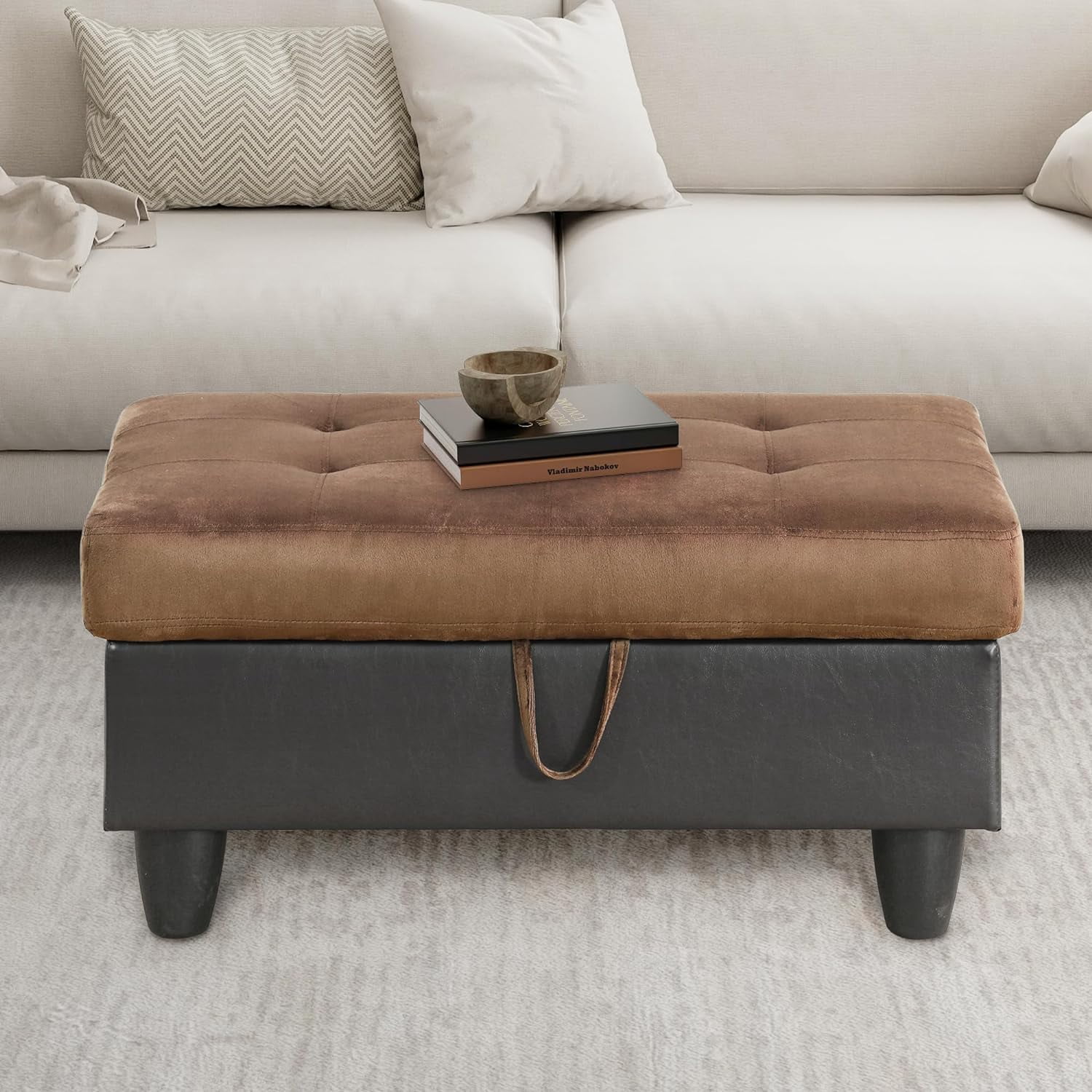 SASYXDC Indoor 35" Tufted Lint and Faux Leather Storage Ottoman with ...