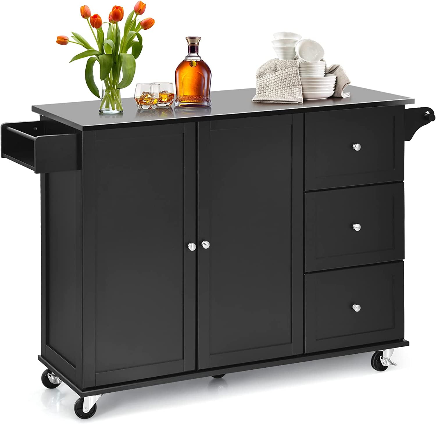 SASYXDC Kitchen Island Cart with Stainless Steel Countertop Rolling Kitchen Island with Storage ...